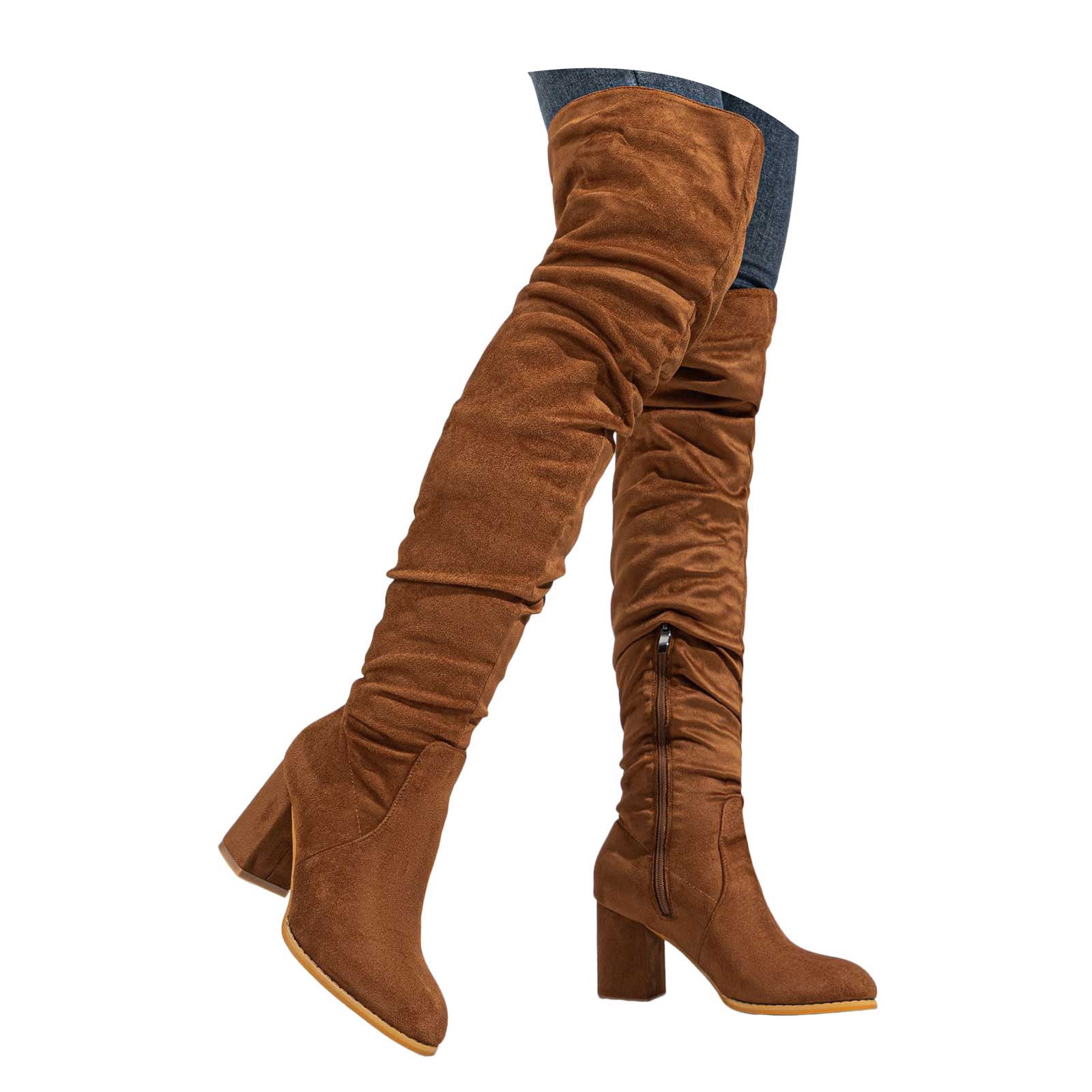 Over The Knee High Boots For Women Pull On Side Zipper Block Heel Thigh ...