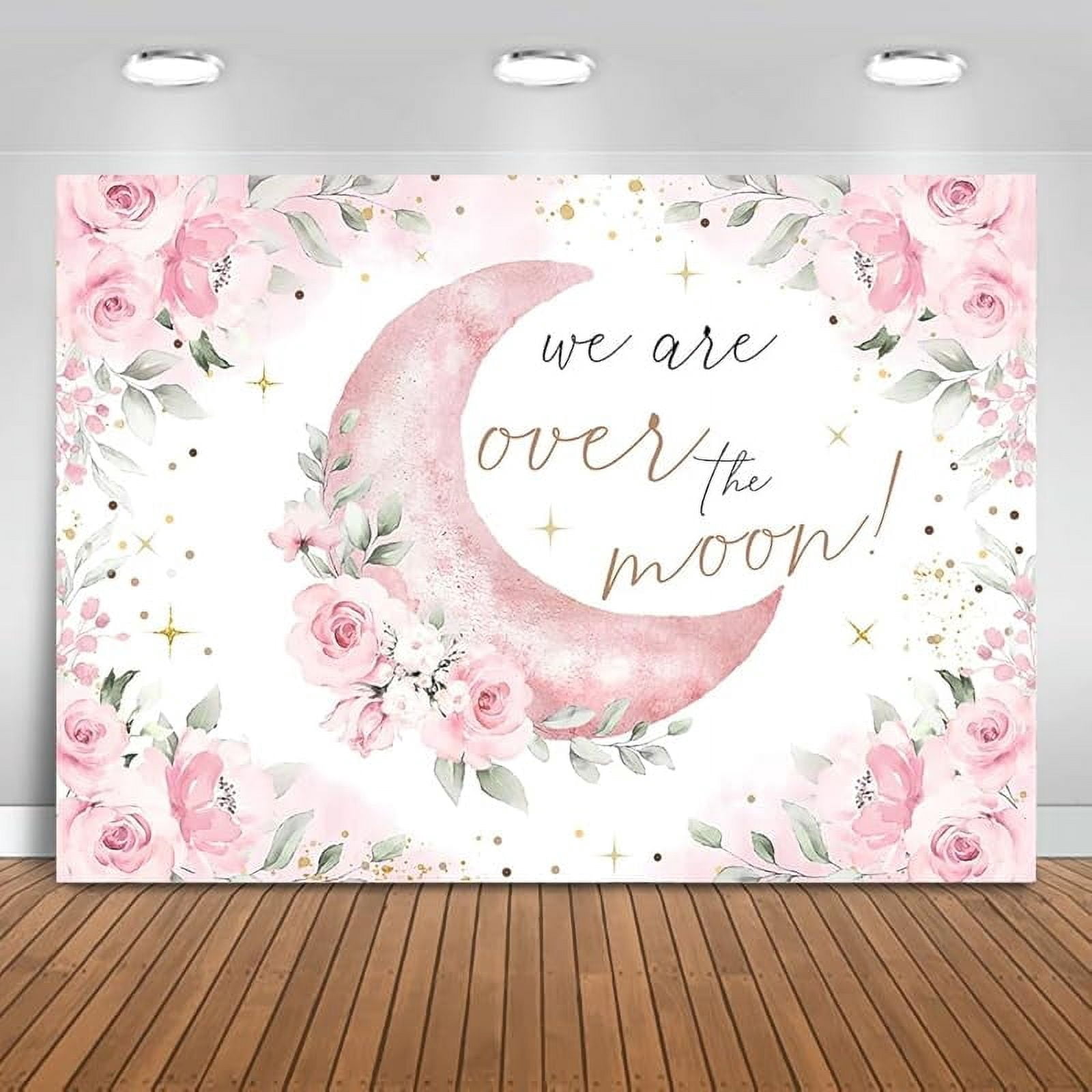 Over The Moon Baby Backdrop - Pink Floral Moon Background - Girl Baby ...