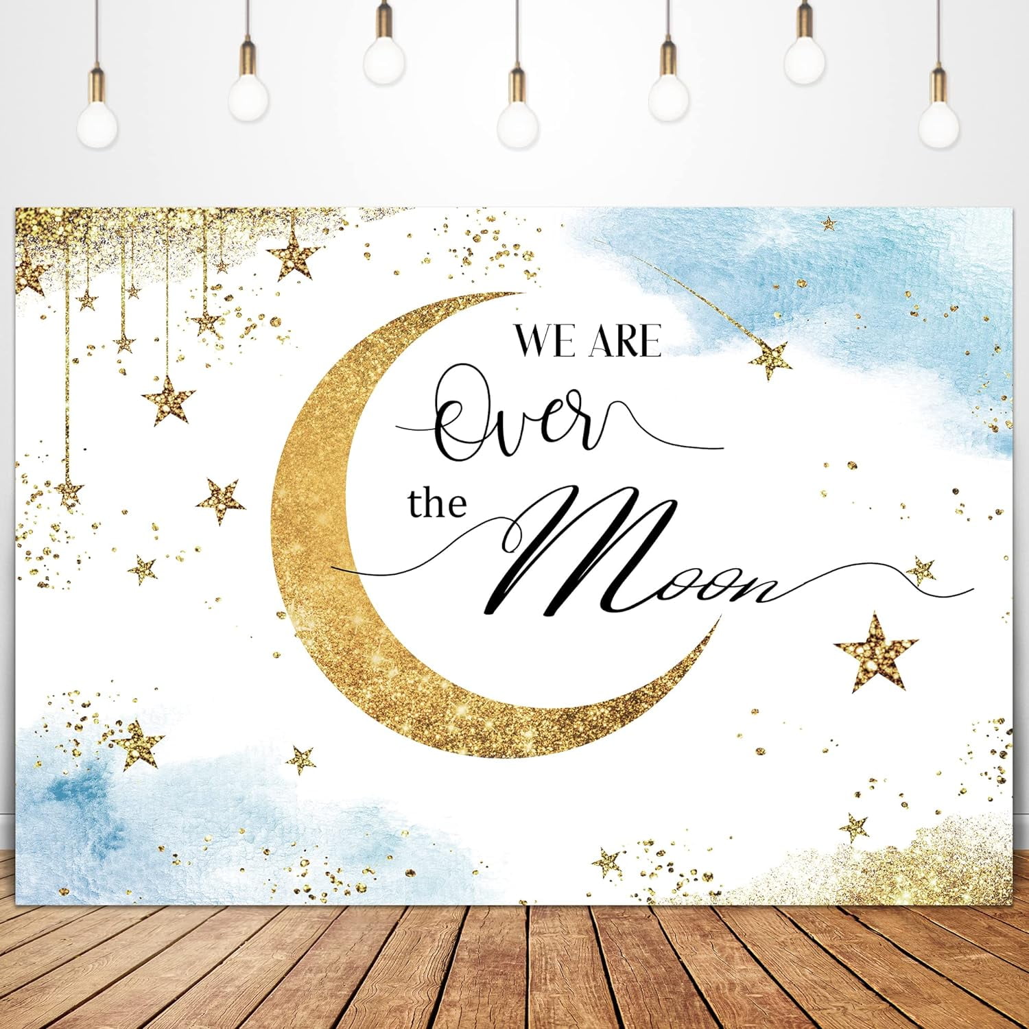 Over The Moon Baby Shower Backdrop Boho Blue Watercolor Shinning Stars Gold Dots Celestial Over ...
