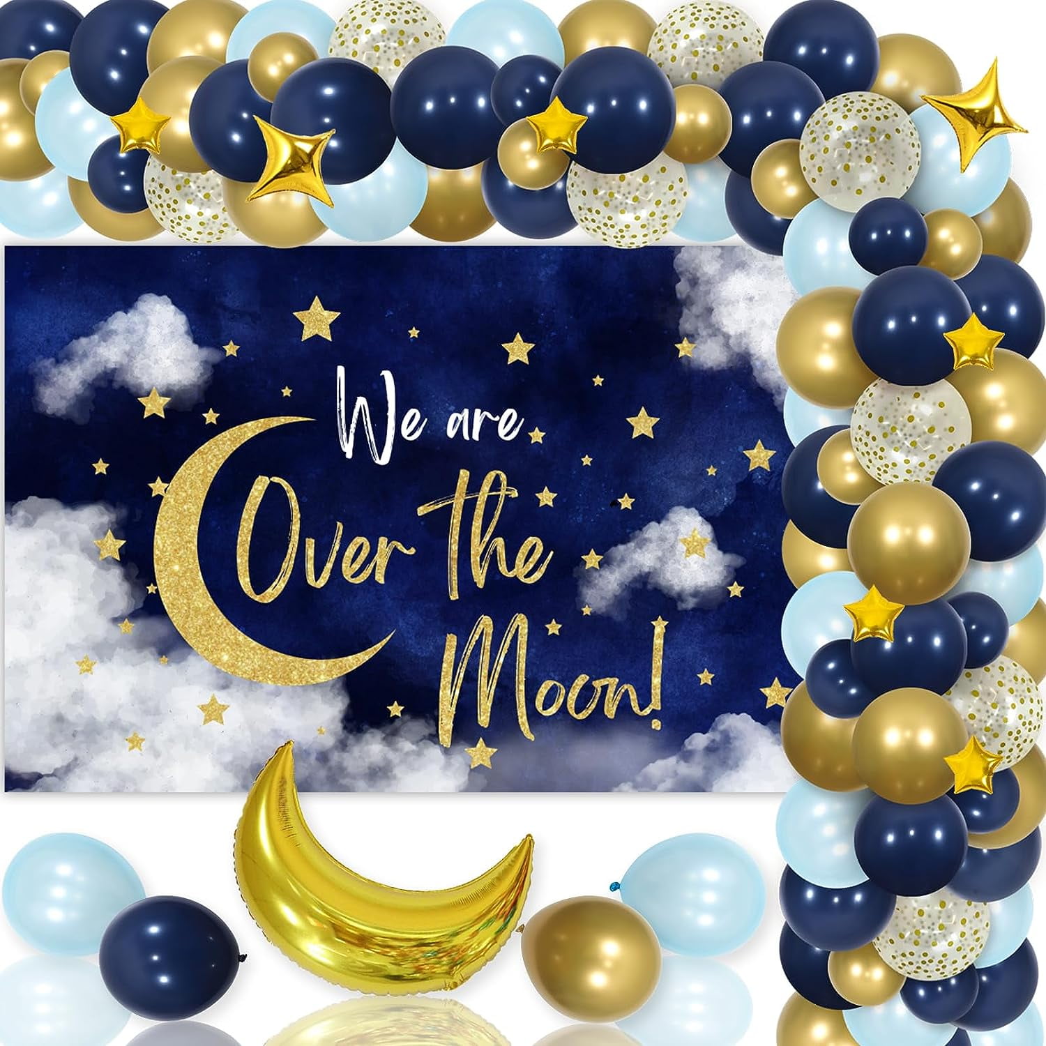 Over The Moon Baby Shower Decorations Navy Blue Gold Balloon Garland ...
