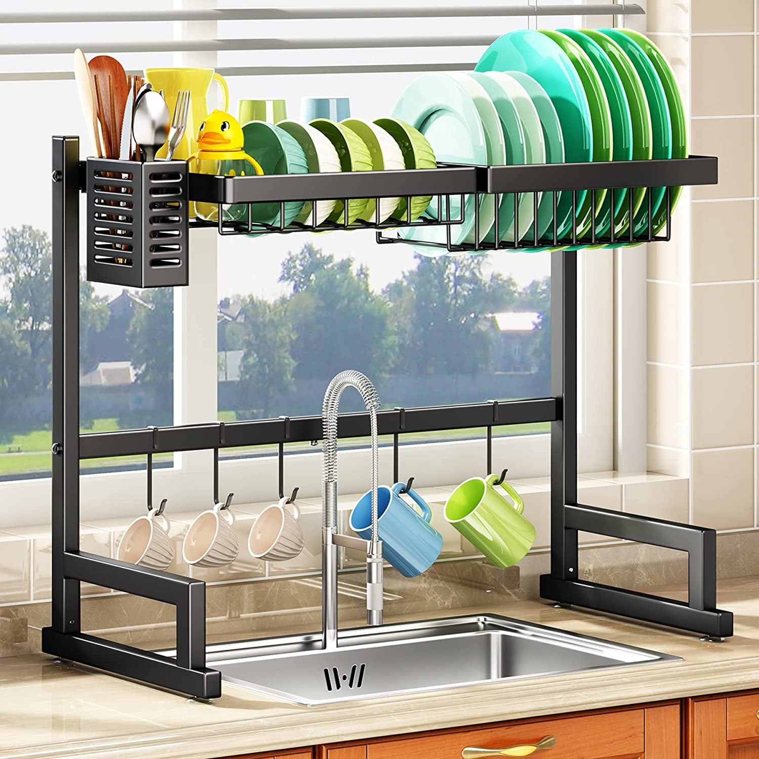 Over The Sink Dish Drying Rack, Adjustable (26.3 to 34.3 inch) 2 Tier ...