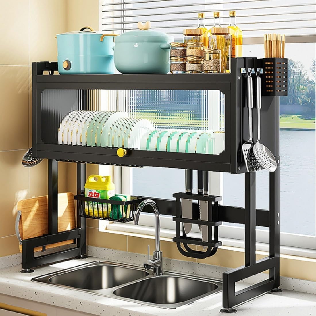 Over The Sink Dish Drying Rack, Dish Drainer Rack with Flip-up Door ...
