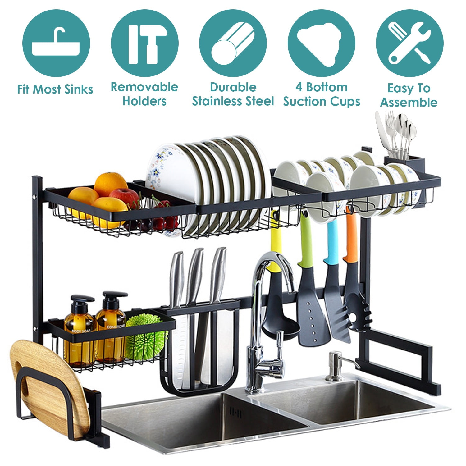 Over The Sink Dish Drying Rack, TeqHome 2-Tier Rustproof Kitchen Over ...