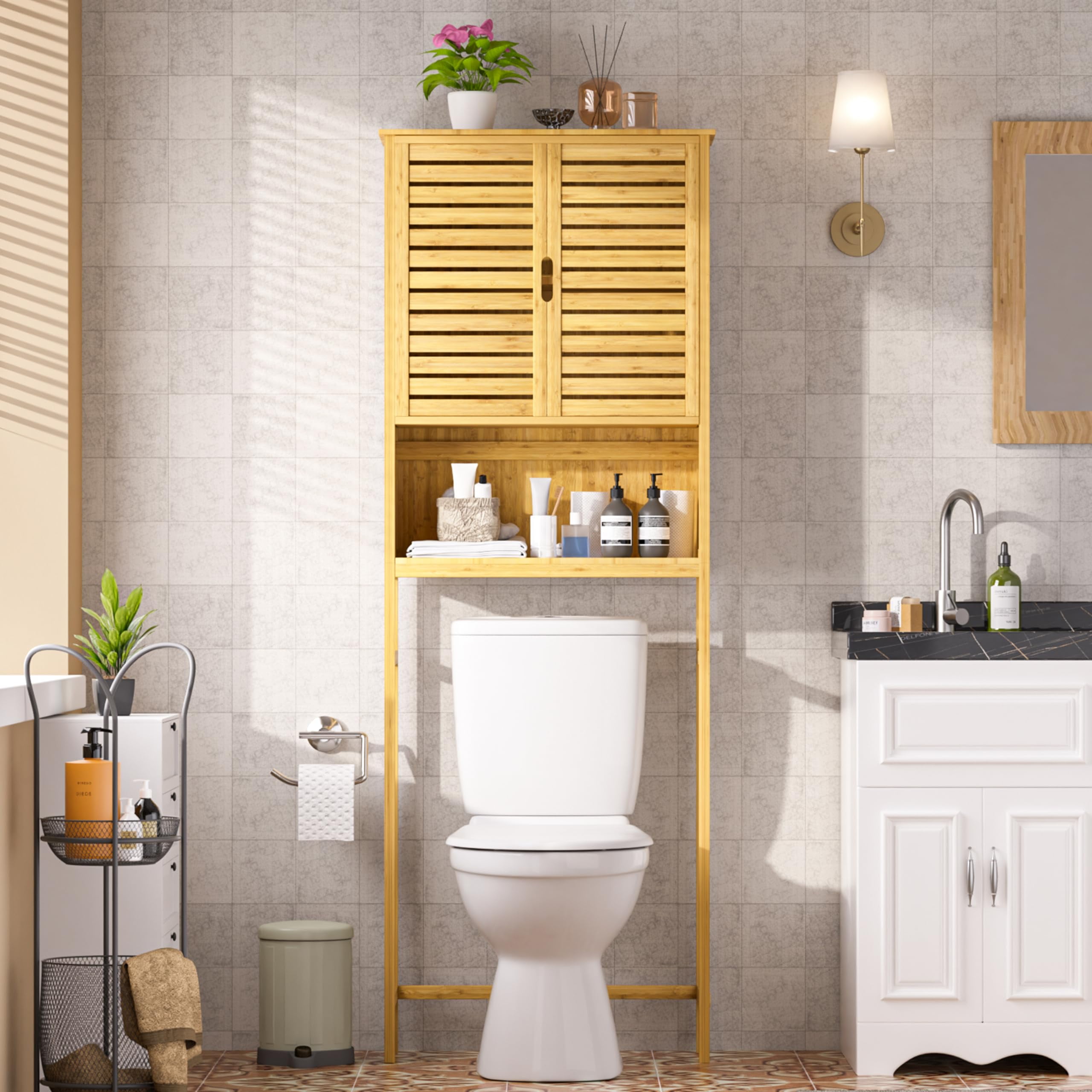 Over-The-Toilet Bamboo Cabinet with Doors, Bathroom Storage Organizer ...