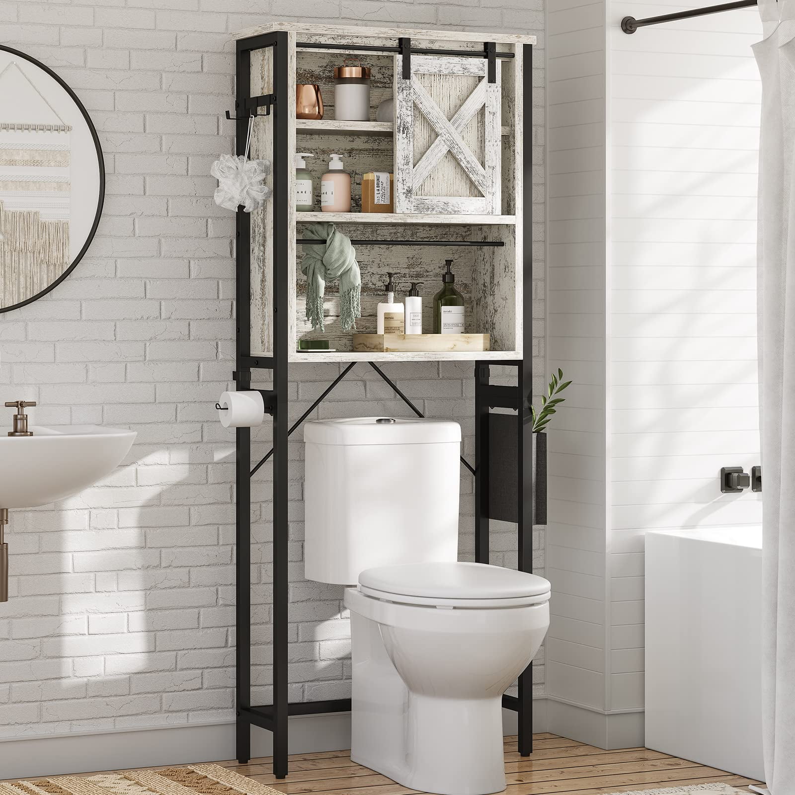 Over The Toilet Storage Cabinet 4 Tier Bathroom Shelves Over Toilet Bathroom Organizer with Storage Bag and Hooks Vintage White