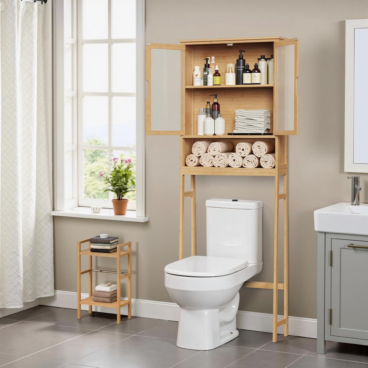 Over-The-Toilet Storage Cabinet - Adjustable Bamboo Shelves with Double ...