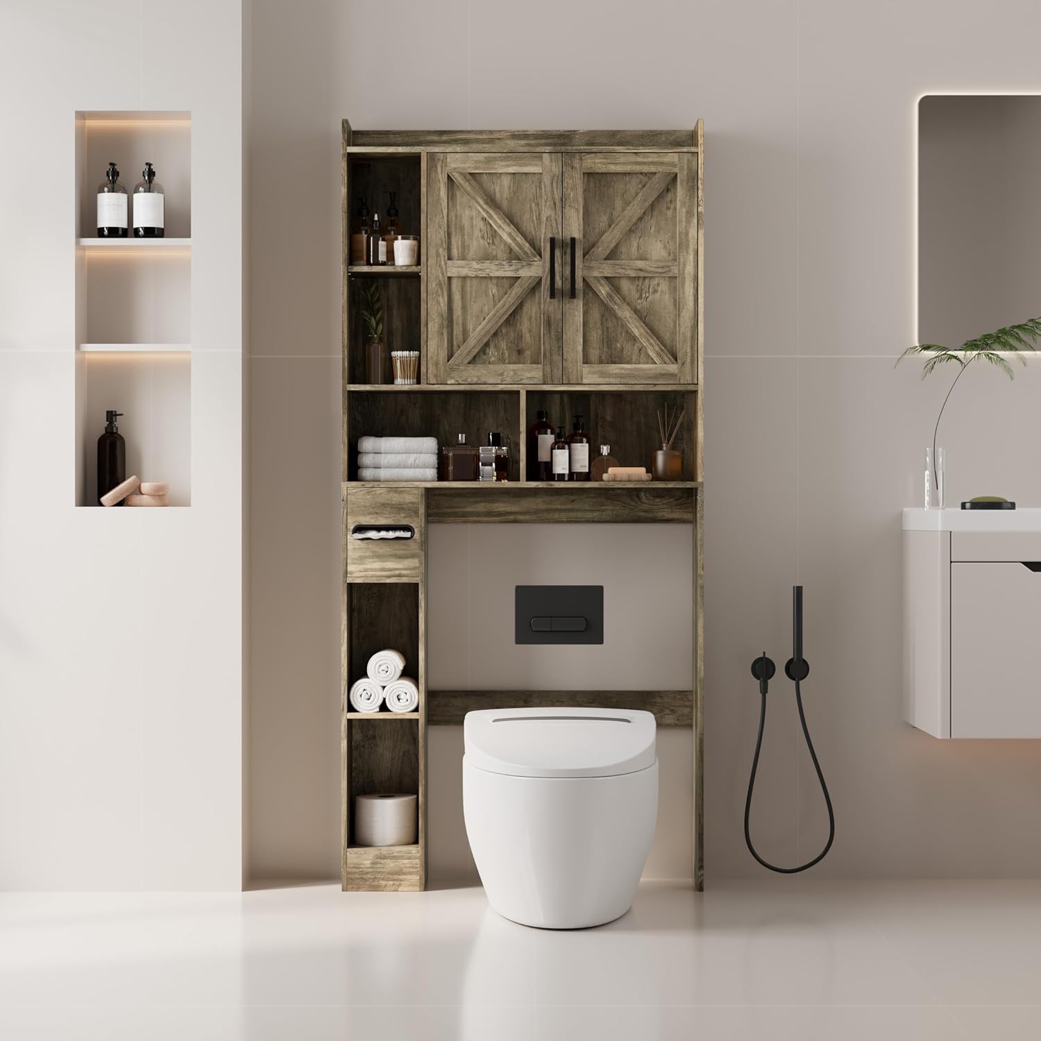 Over The Toilet Storage Cabinet with Barn Doors, 32.1''W Free Standing ...