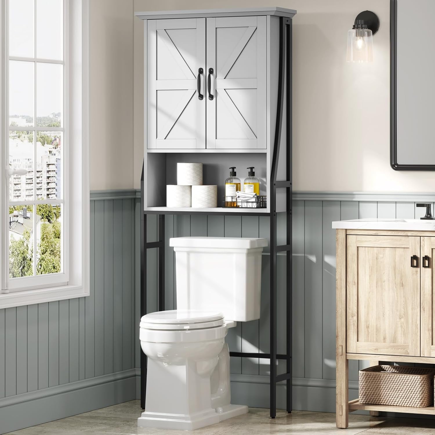 Over The Toilet Storage Cabinet, Bathroom Organizer with Barn Doors ...