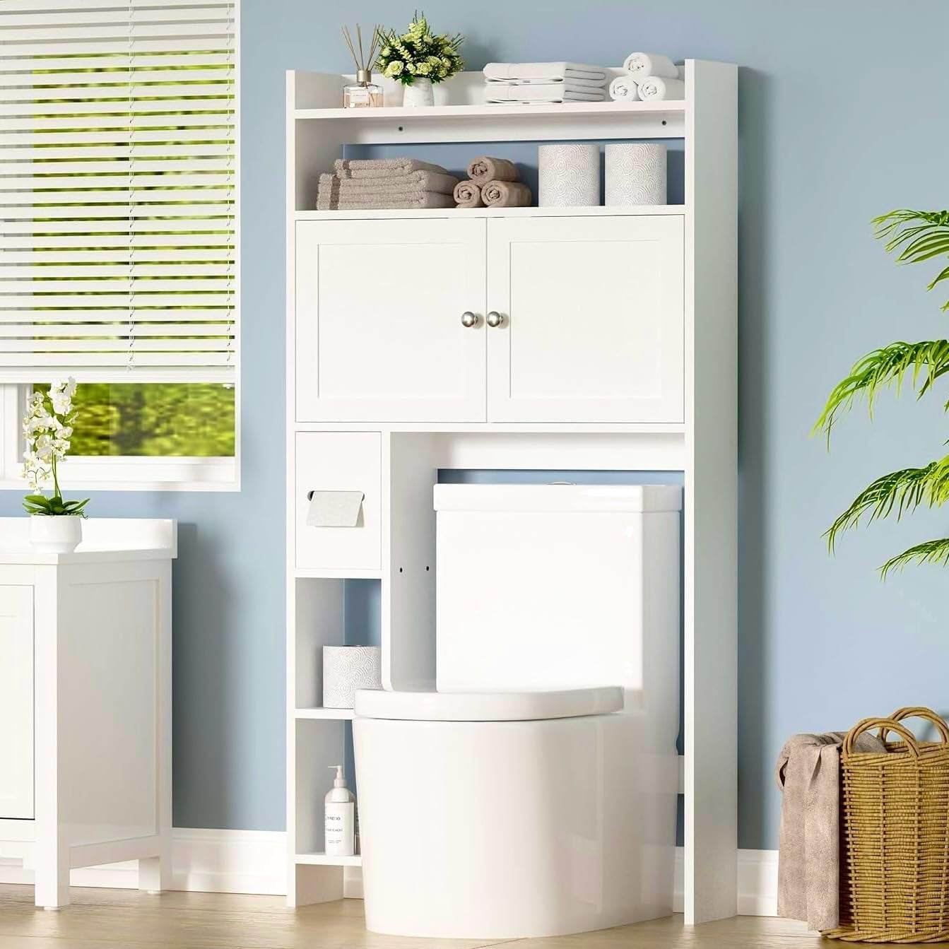 Over The Toilet Storage Cabinet with Toilet Paper Holder Stand, 7-Tier ...