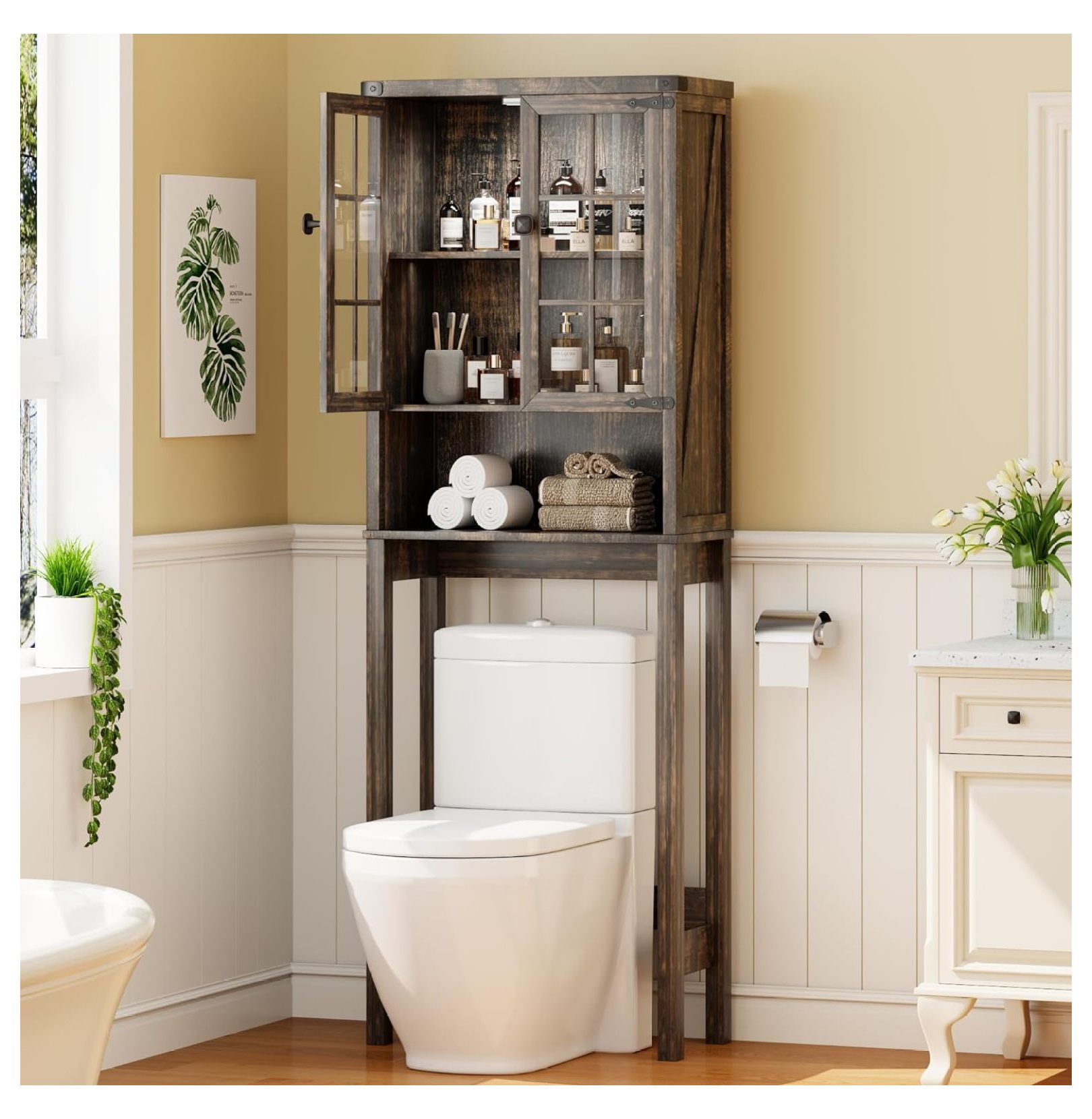 Over The Toilet Storage Cabinet with Shelves & Doors, Toilet Shelf ...