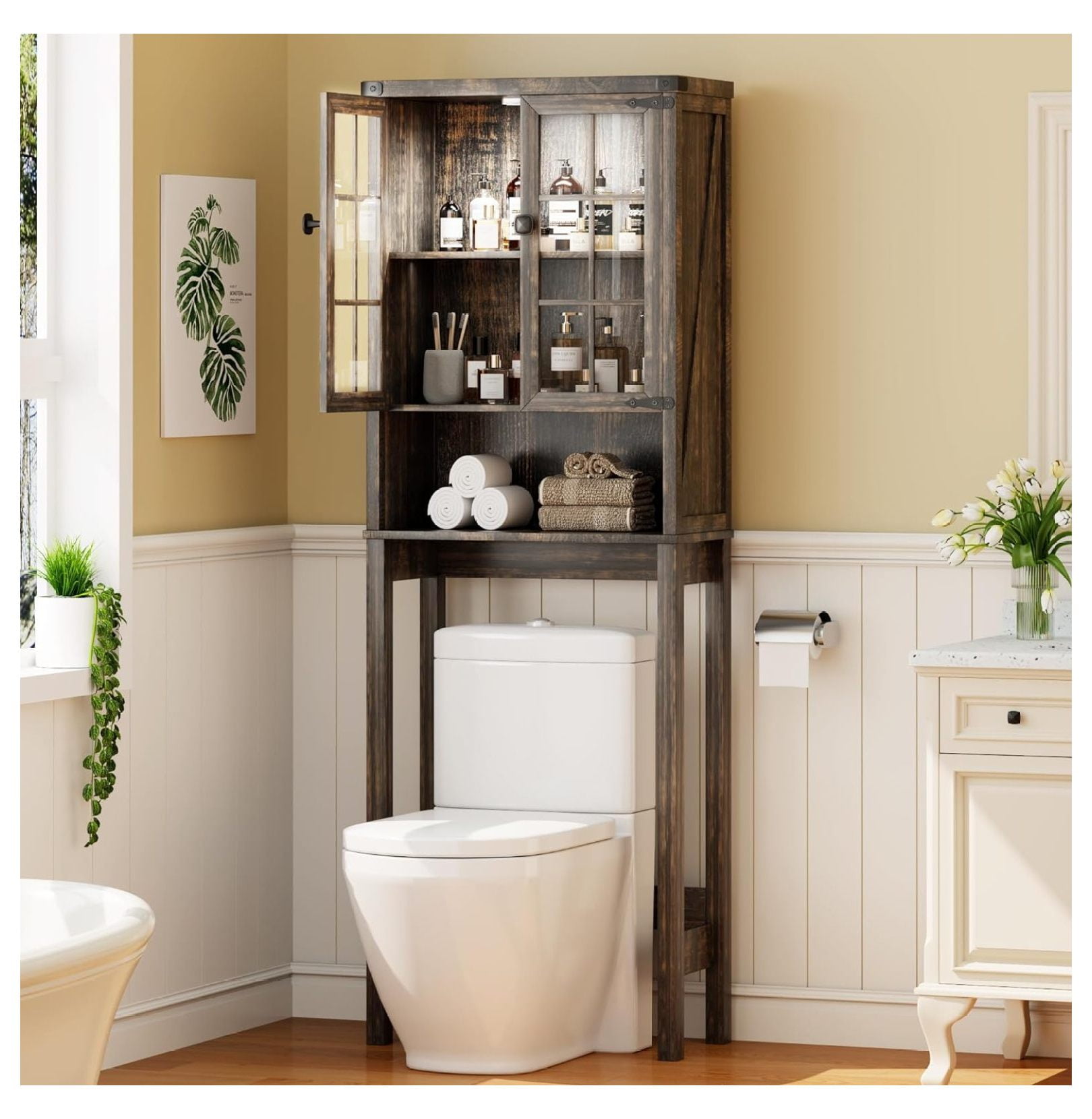 Over The Toilet Storage Cabinet with Shelves & Doors, Toilet Shelf ...