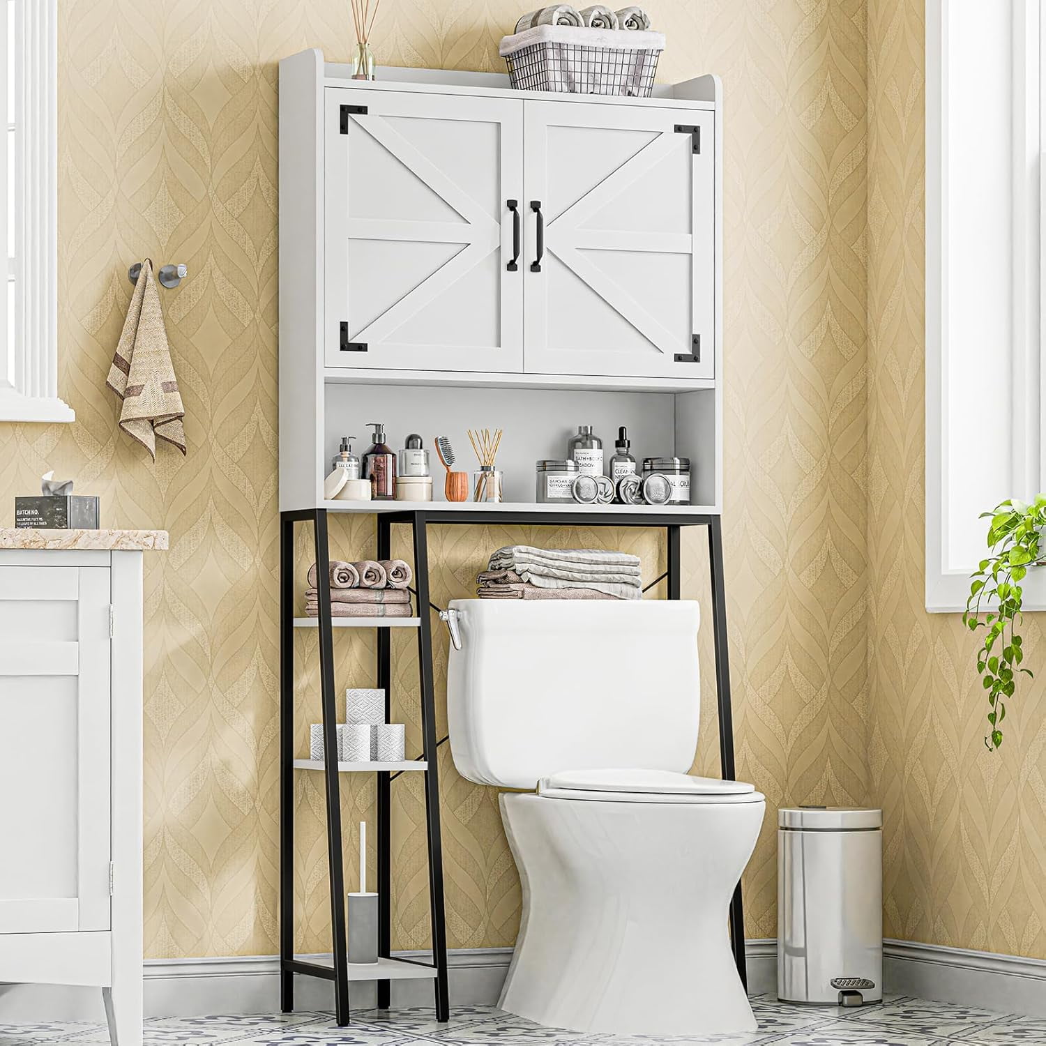 Over The Toilet Storage Cabinet with 2 Barn Doors & Toilet Paper Holder ...