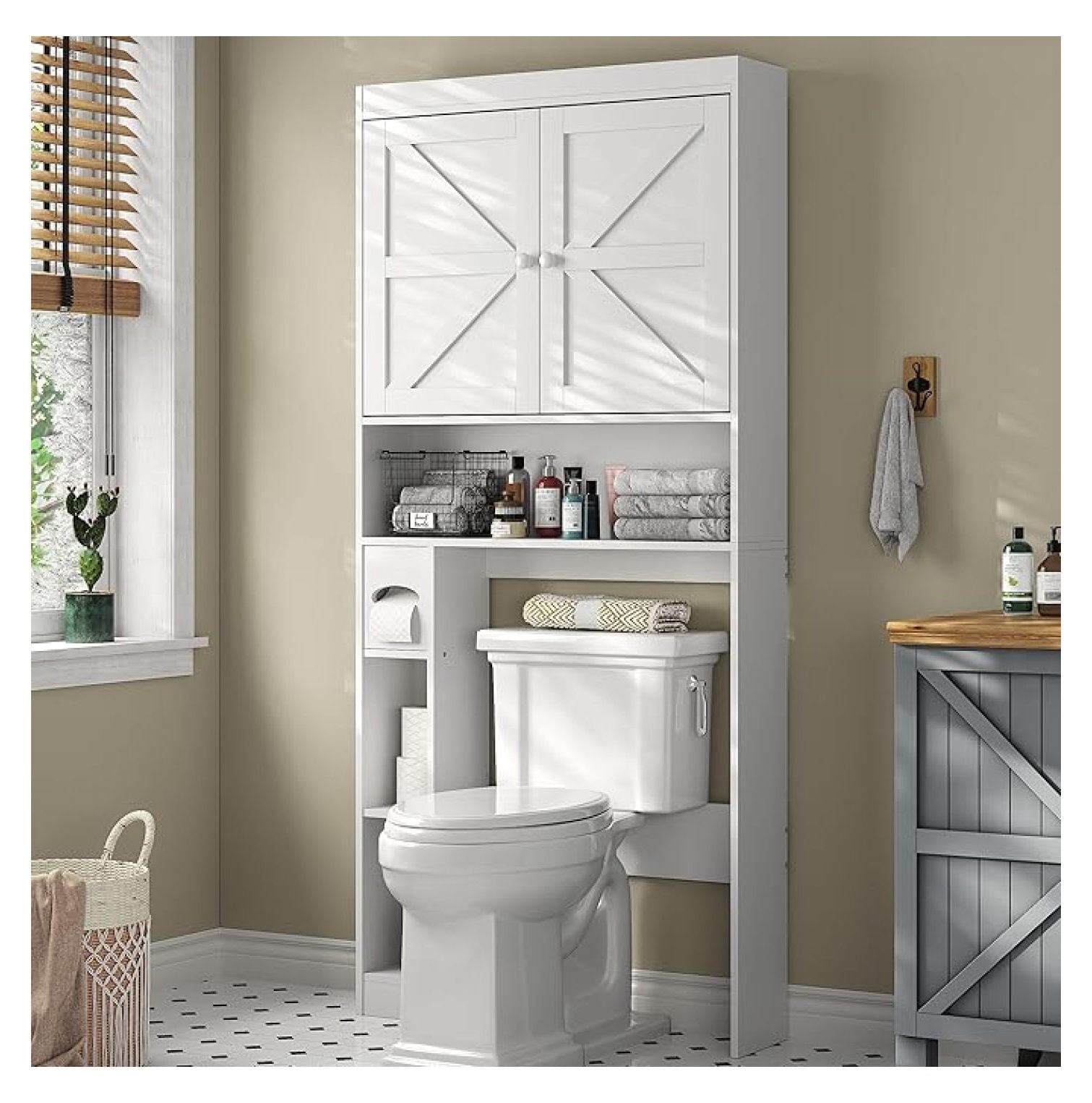 Over The Toilet Storage Cabinet with Barn Doors, 32.3''W Free Standing Toilet Storage Shelf ...