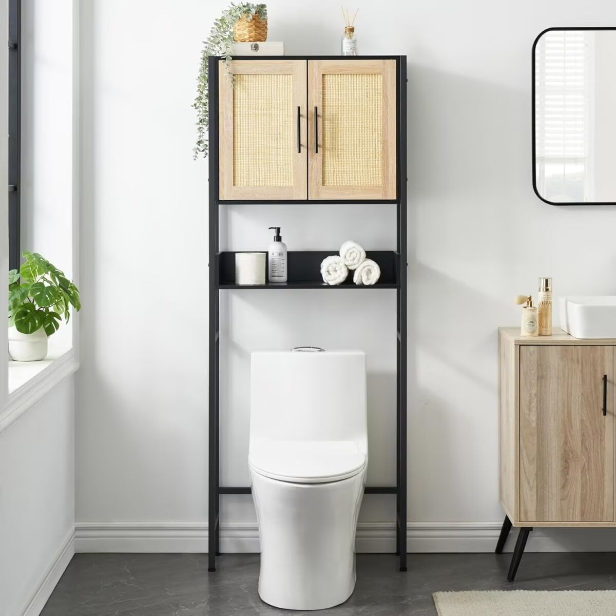 Over The Toilet Storage Cabinet with Rattan Door, Wood Toilet Storage ...