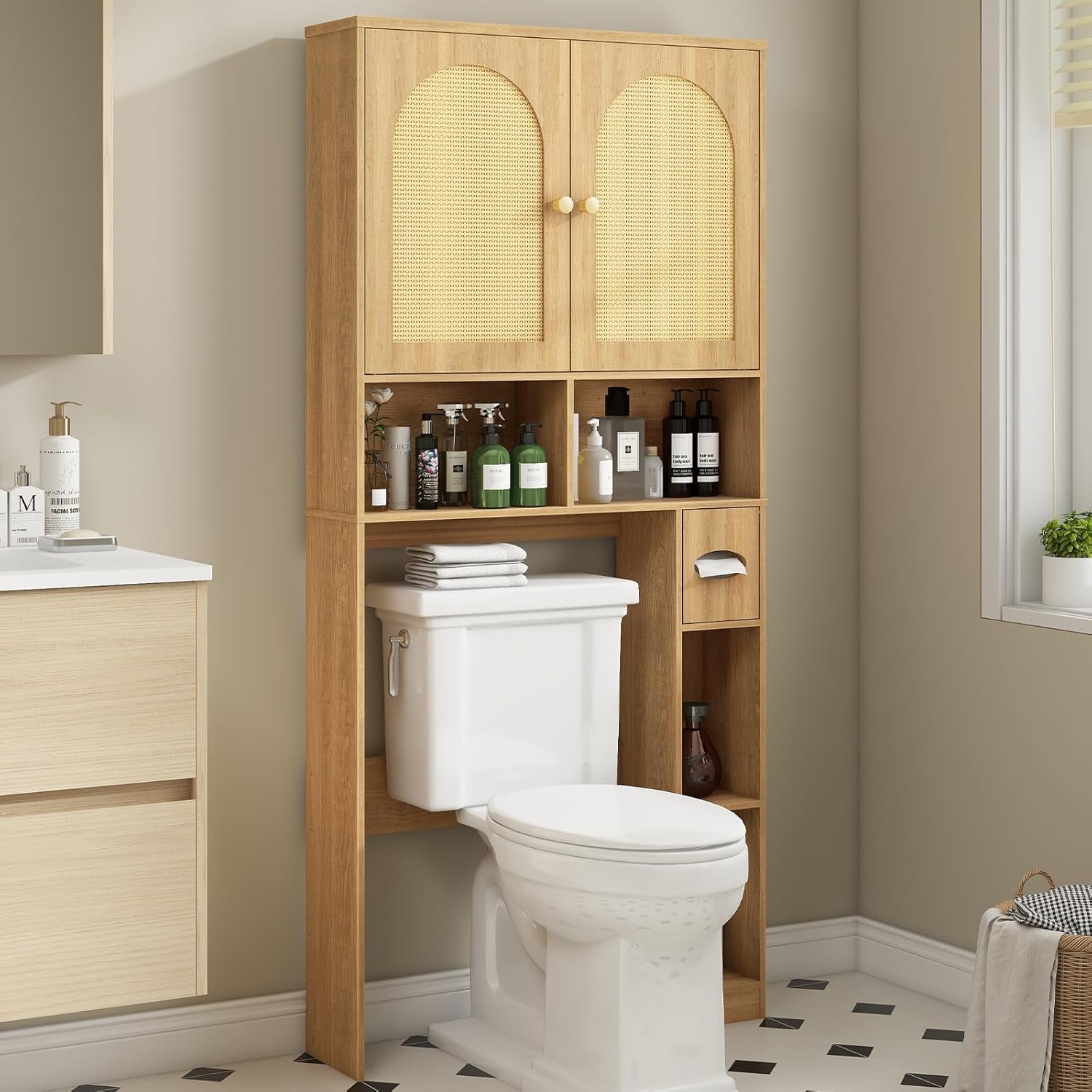 Over The Toilet Storage Cabinet with Rattan Double Doors & Toilet Paper ...