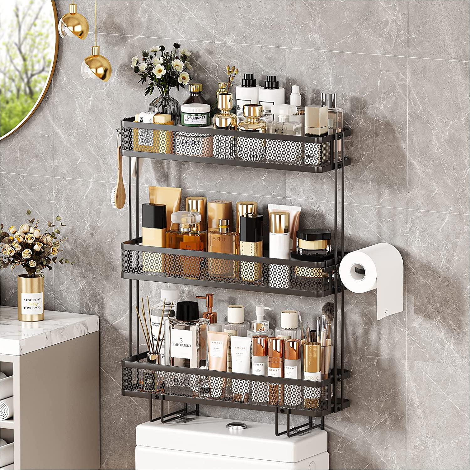 Over-The-Toilet Storage Shelf, 3-Tier Metal Black Large, Behind Toilet ...
