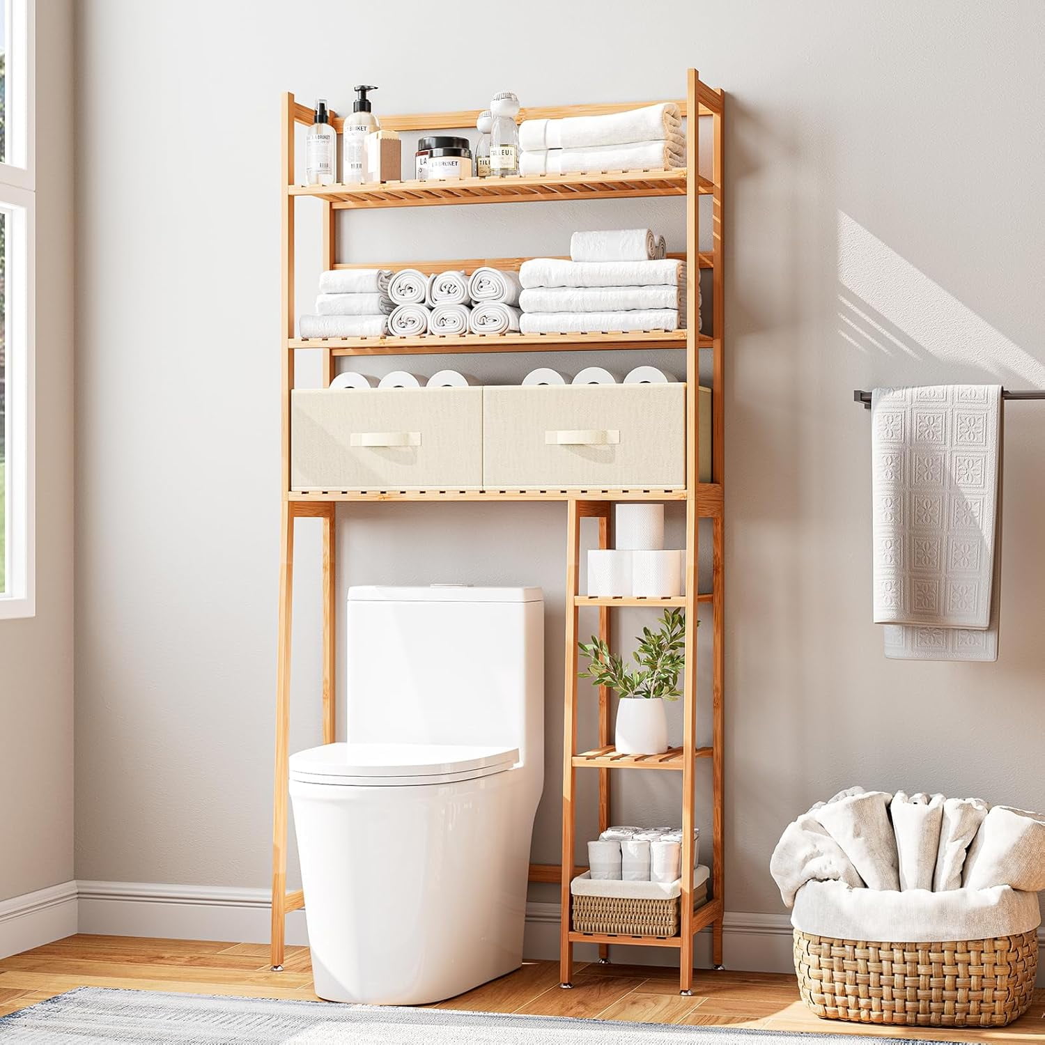 Over The Toilet Storage Shelf - Bamboo Bathroom Organizer with Basket ...