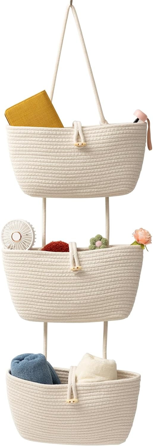 Over the Door Hanging Basket, 3-Tier Woven Cotton Wall-Mounted Storage ...