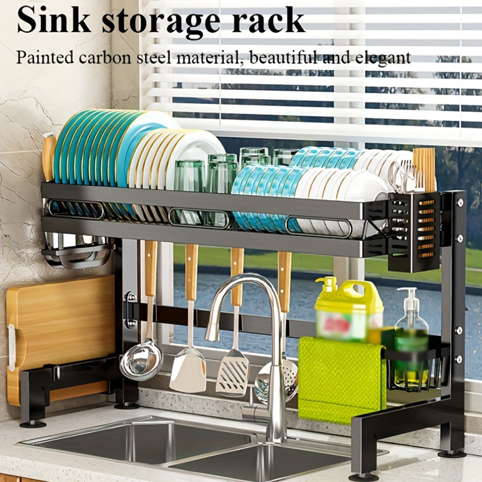 Over the Sink Dish Rack with Utensil and Sponge Holder Kitchen Counter ...