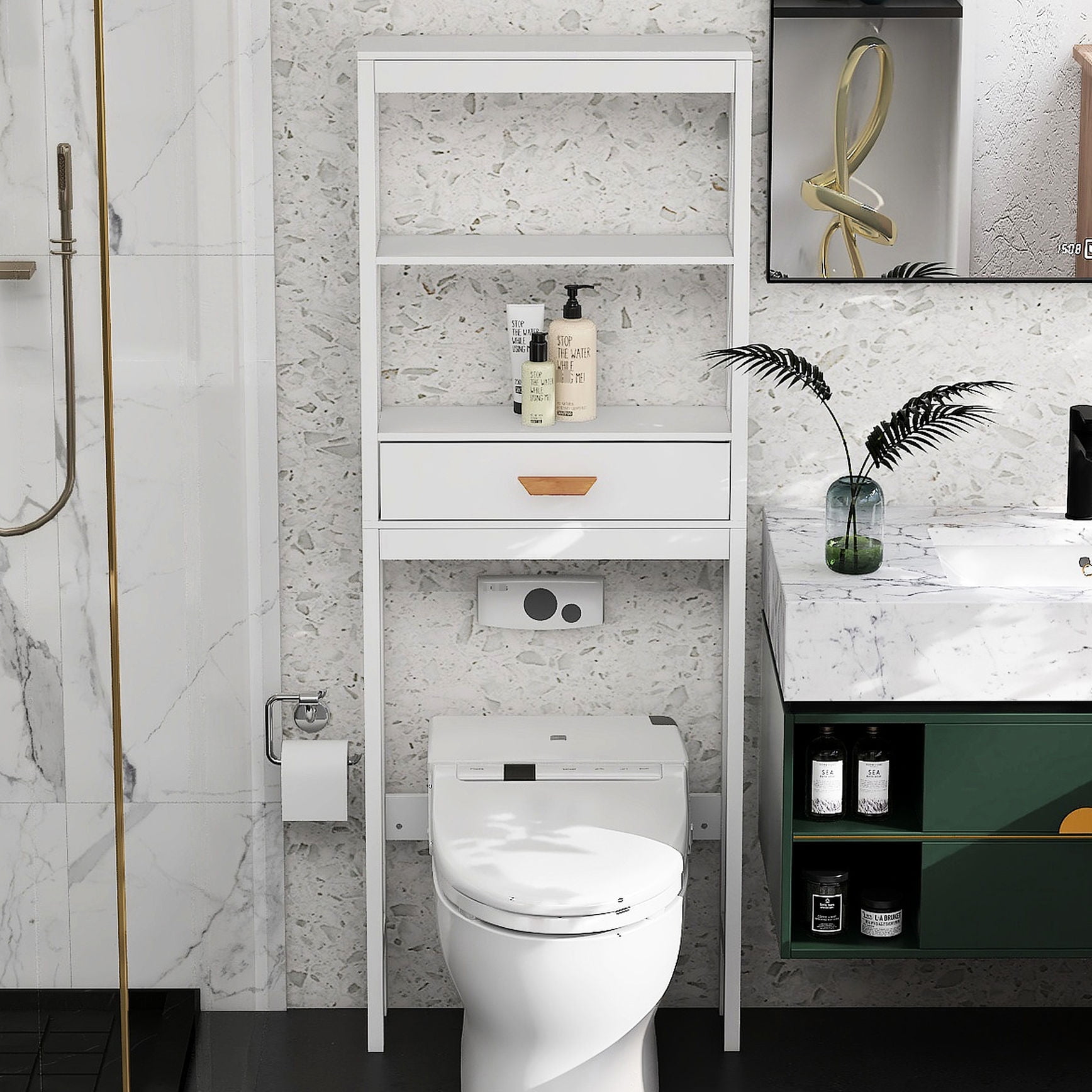 Over-the-Toilet Bathroom Organizer / One Drawer, Two Shelves, Sturdy ...