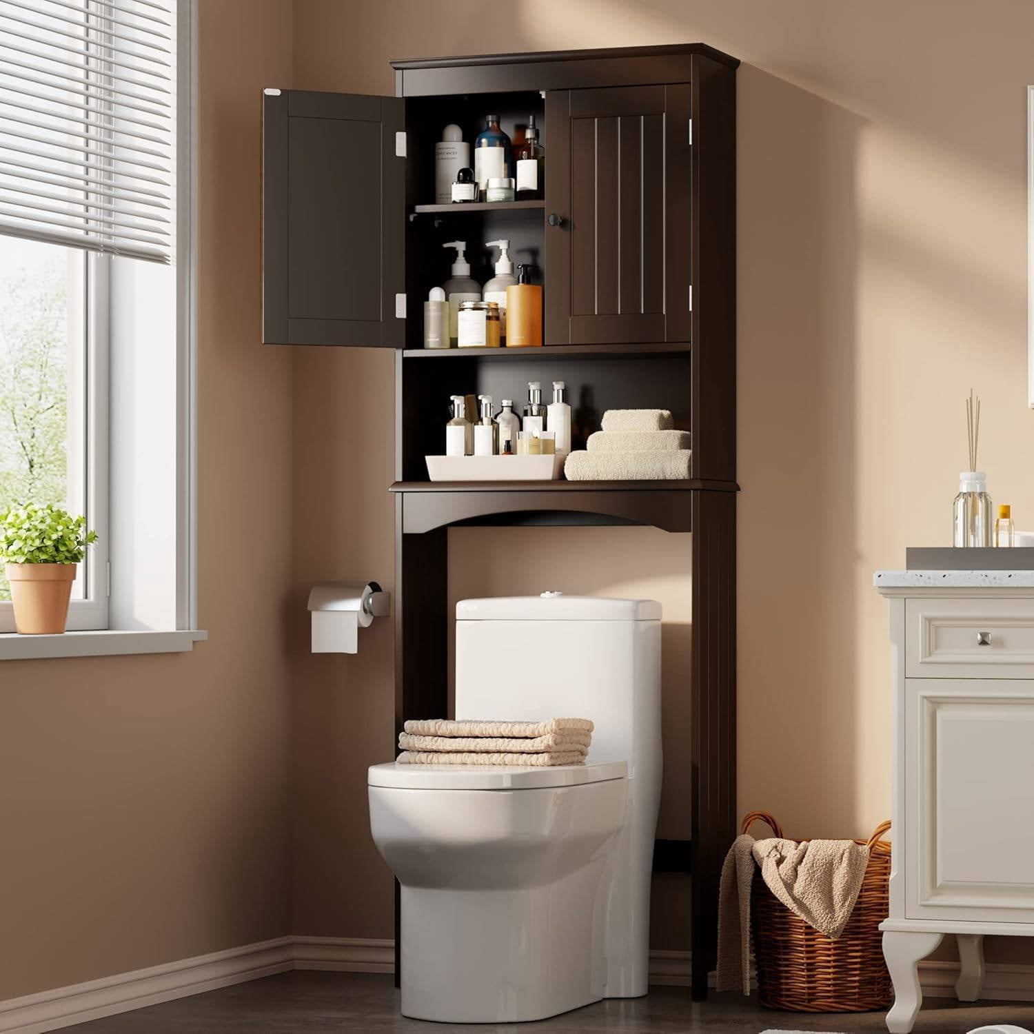 Over-the-Toilet Storage Cabinet with Adjustable Shelf and Double Doors ...