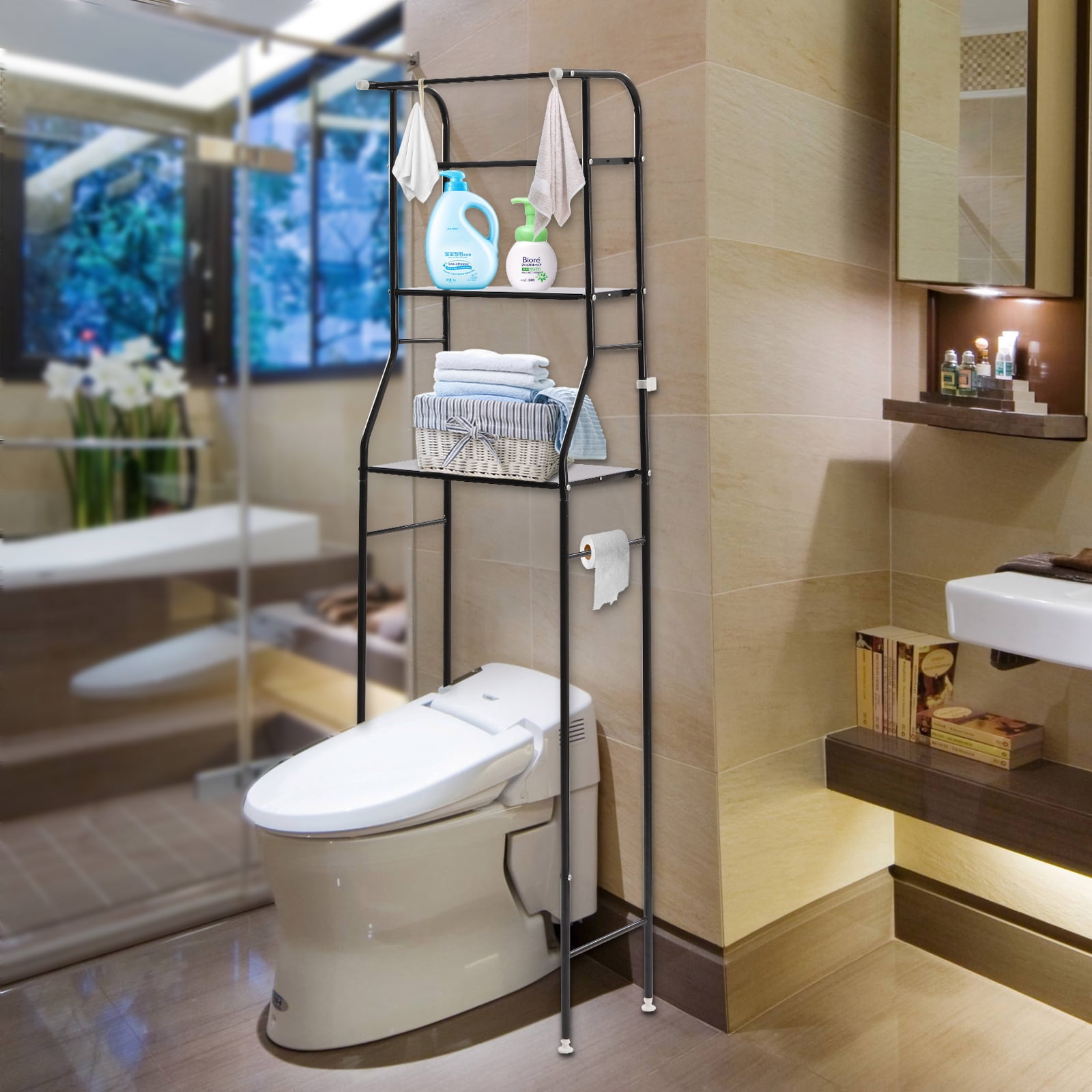 Over-the-Toilet Storage Shelf with 3 Large Platforms, Iron Frame, Rust ...