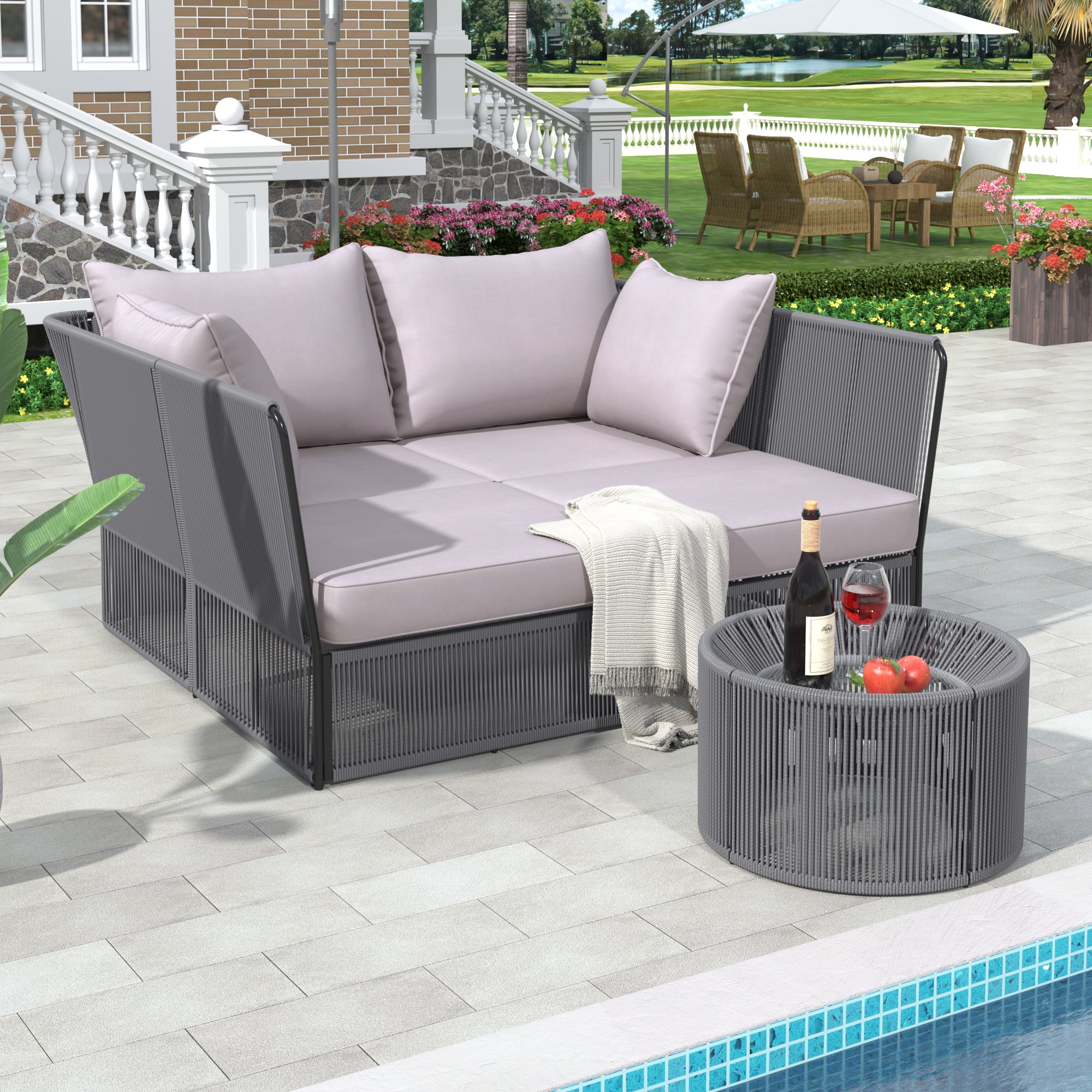 OverPatio 2pcs Outdoor Sunbed and Coffee Table Set, Patio Double Chaise ...