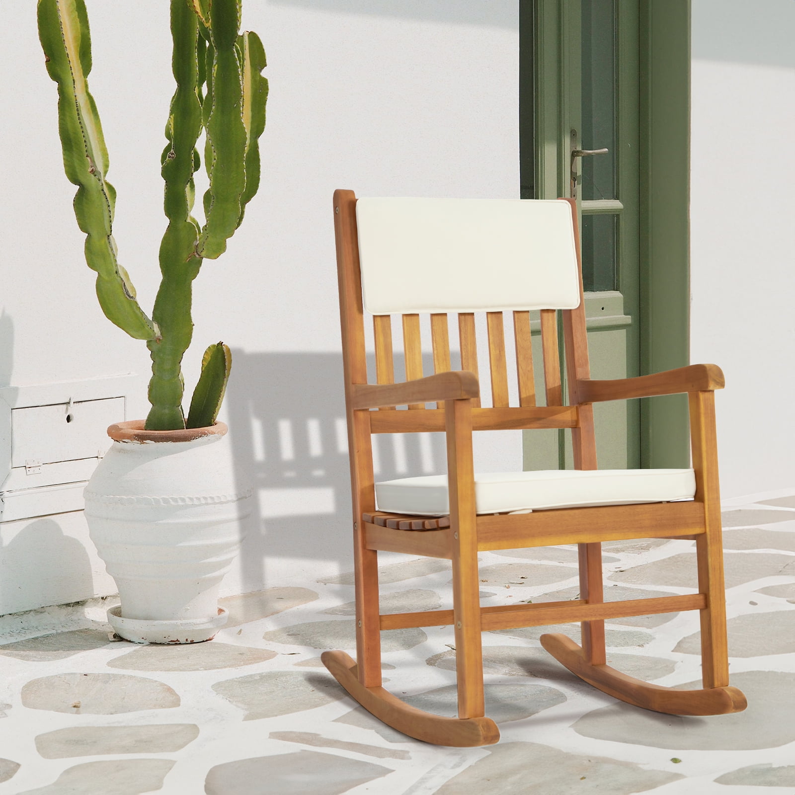 OverPatio Acacia Wood Rocking Chair,Wood Rocking Chair with Cushion ...
