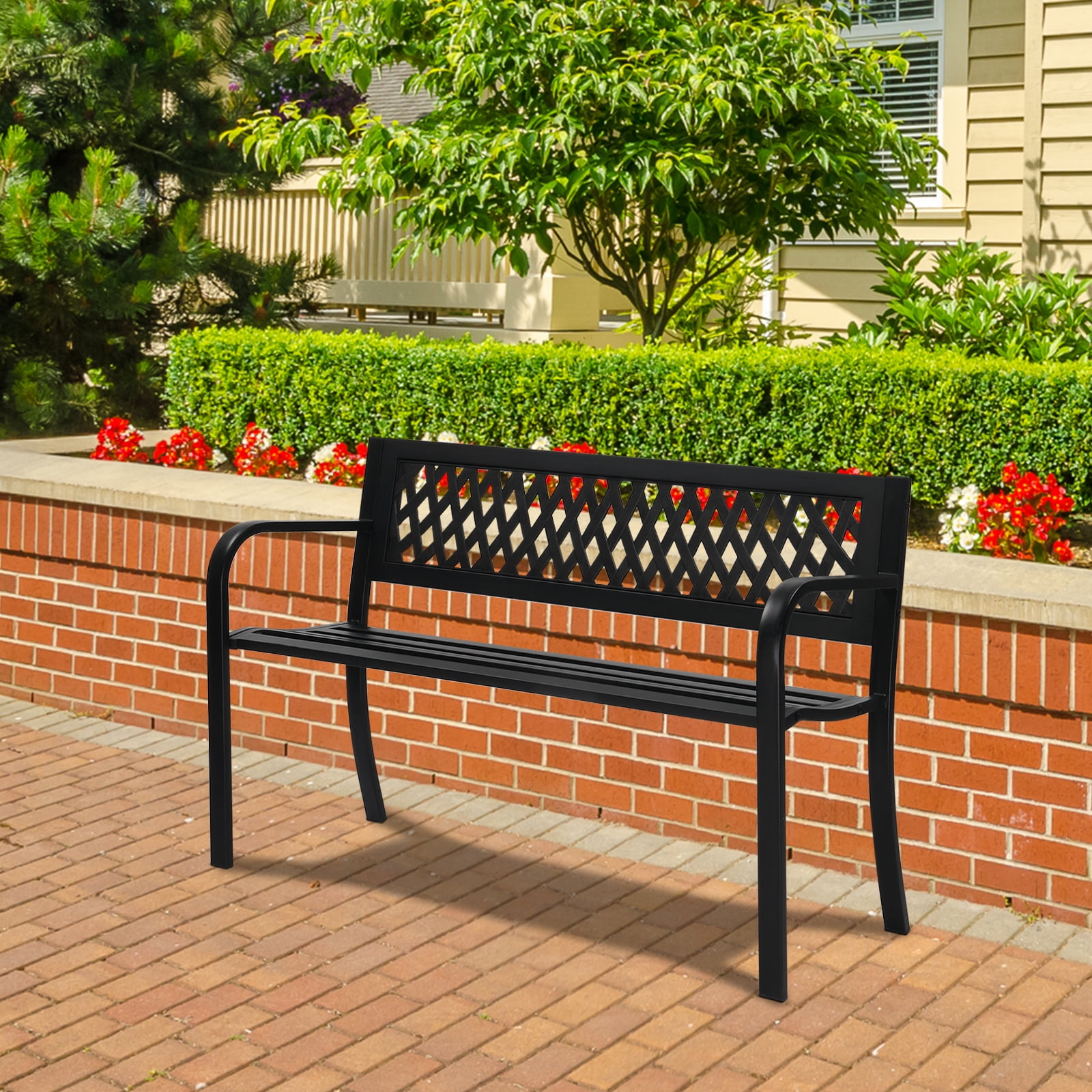 OverPatio Curved Cast Iron Outdoor Patio Bench, 2-Person Seating, Black ...