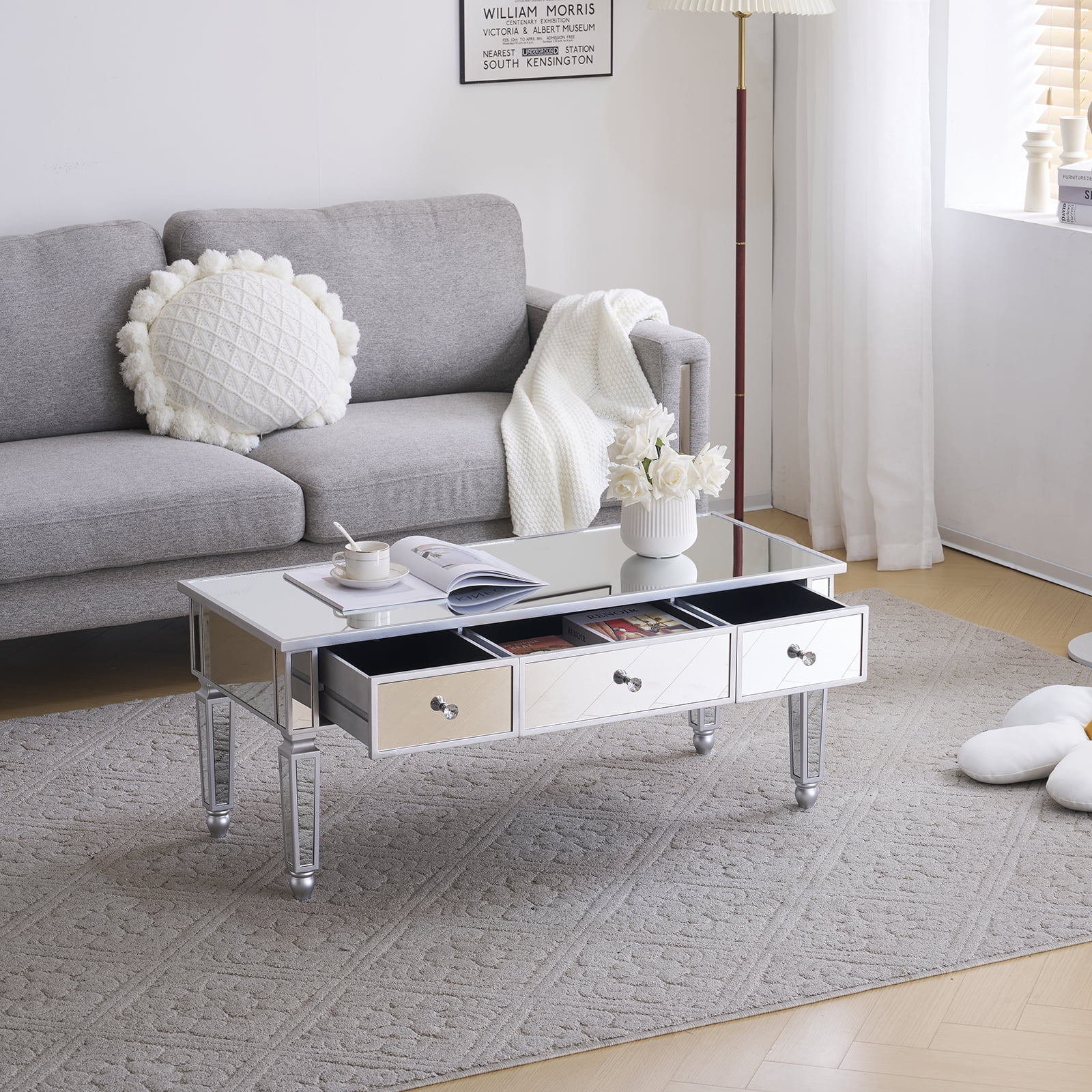 OverPatio Mirrored Rectangle Coffee Table with 3 Drawers, Mirror LED ...