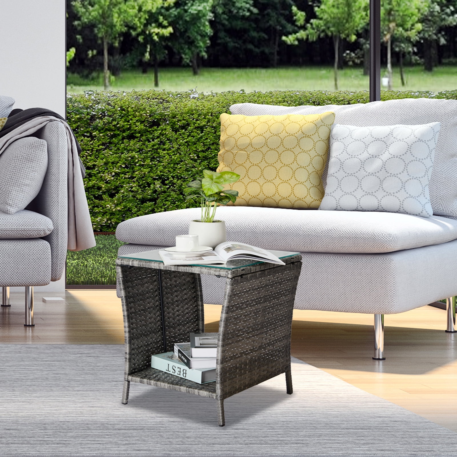 OverPatio Wicker Side Table, Square Rattan Coffee Table with Tempered ...