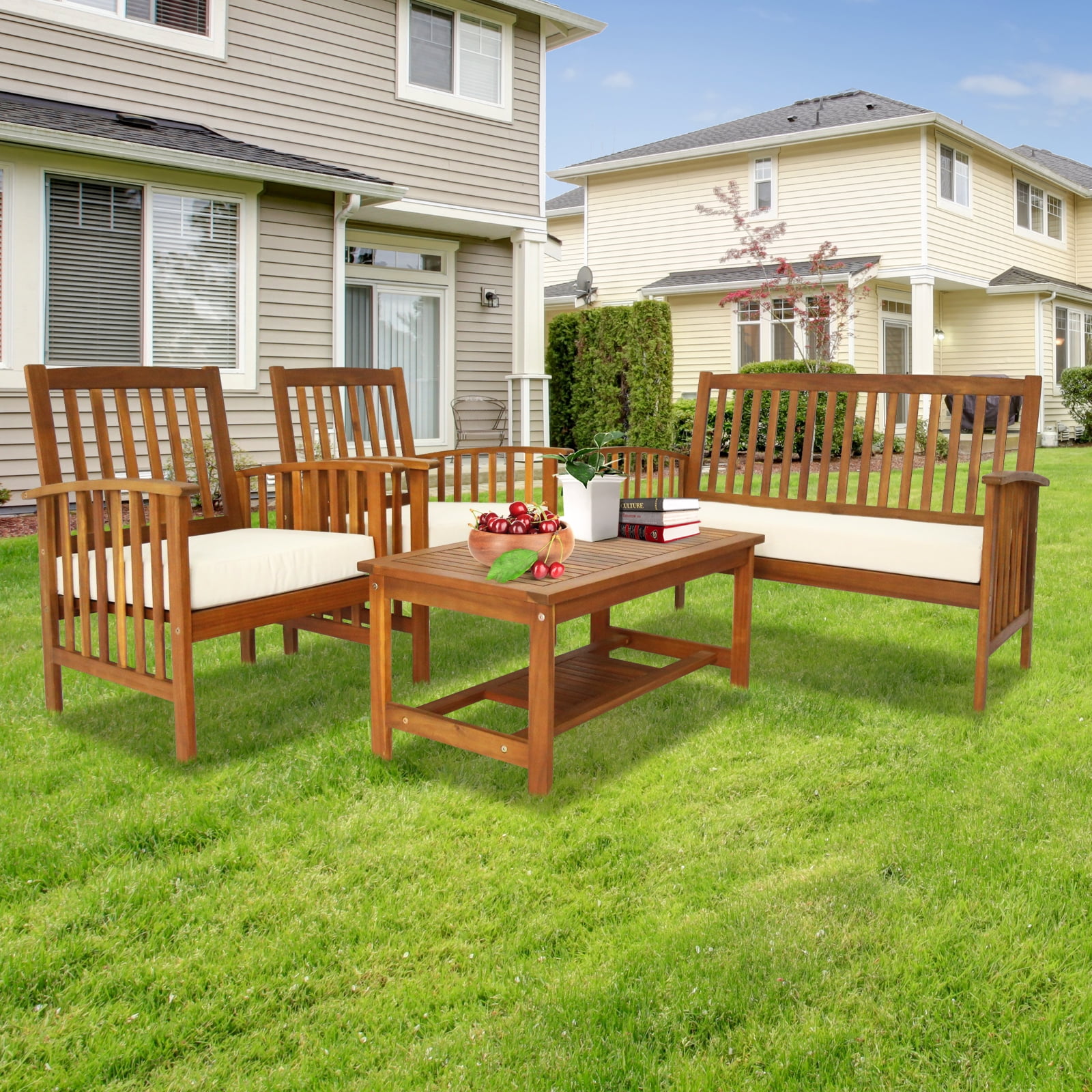 OverPatio Wood Conversation Set, 4 Pcs Patio COnversation Set, Wood ...