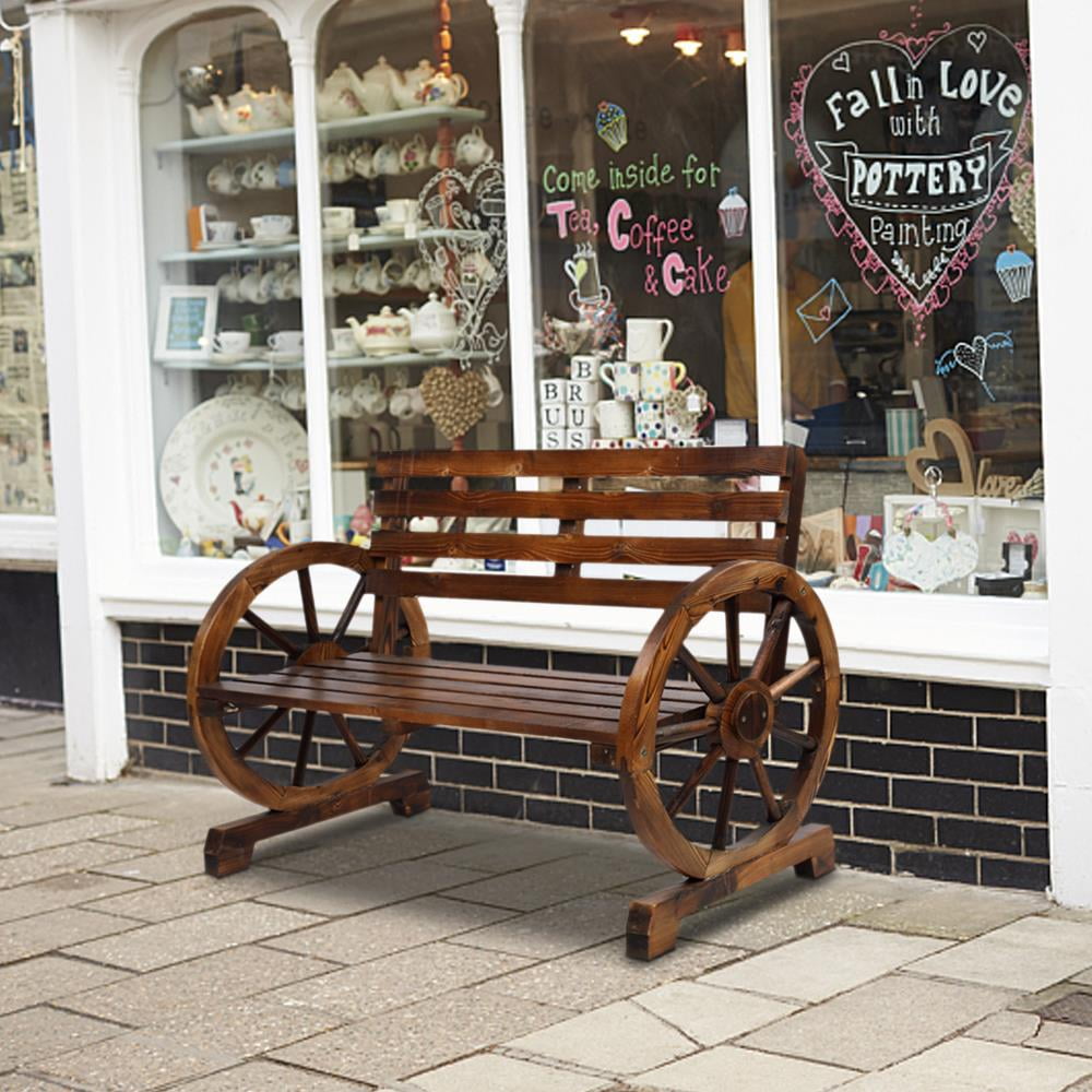 OverPatio Rustic Wooden Wagon Wheel Bench for Garden, Backyard, Balcony ...