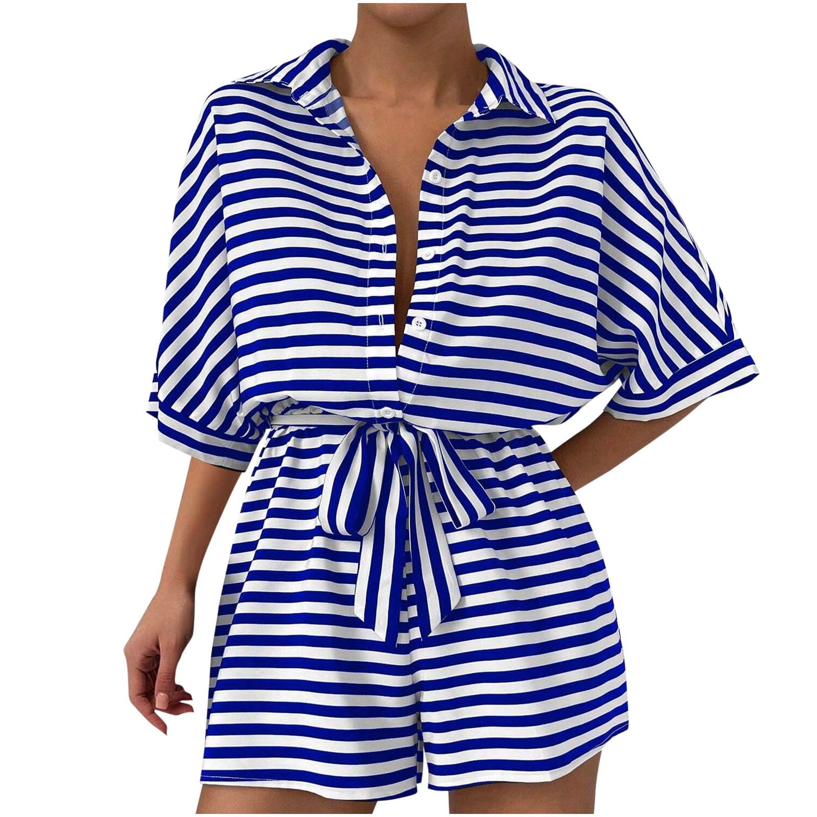Overalls Dress for Women Womens Summer Casual Striped Rompers Button V ...