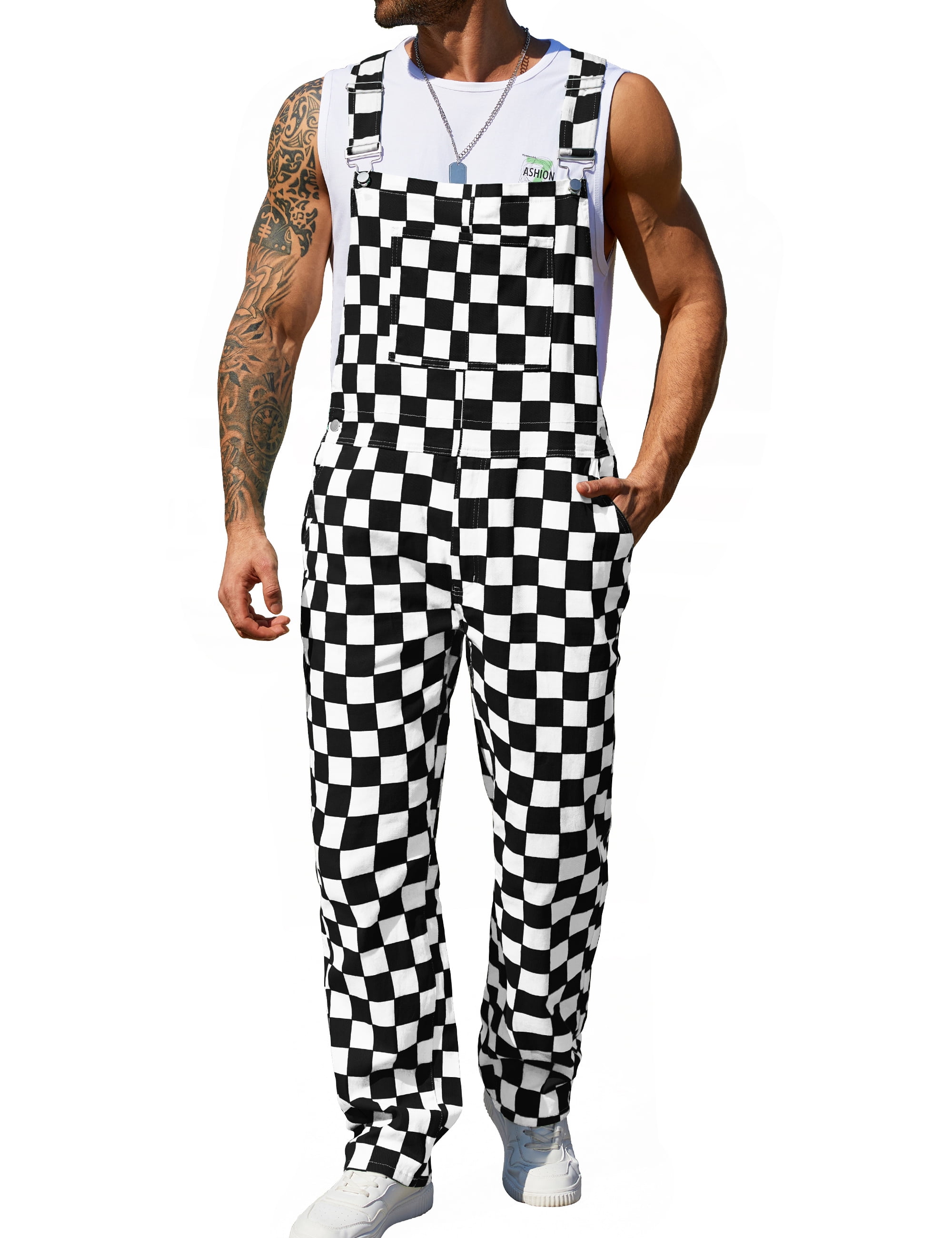 Overalls for Men Checkered Jumpsuits Stretchy Rompers Work Bibs ...