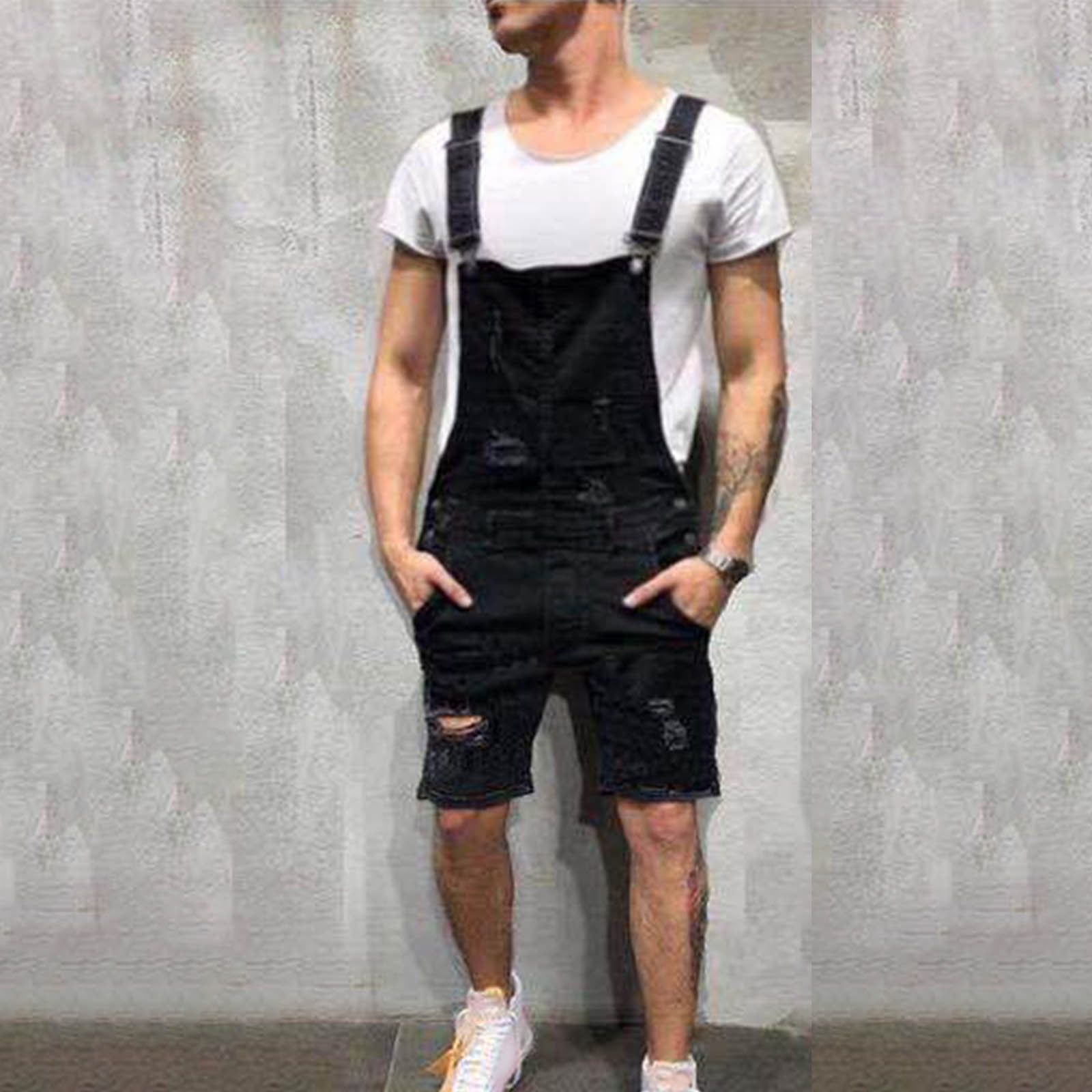 Overalls for Men Solid Breast Pocket Ripped Casual Shorts Solid Color ...
