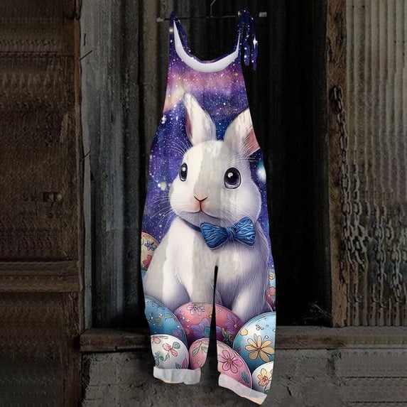 Overalls for Women One Piece Easter Outfit Bunny Print Wide Leg Rompers ...