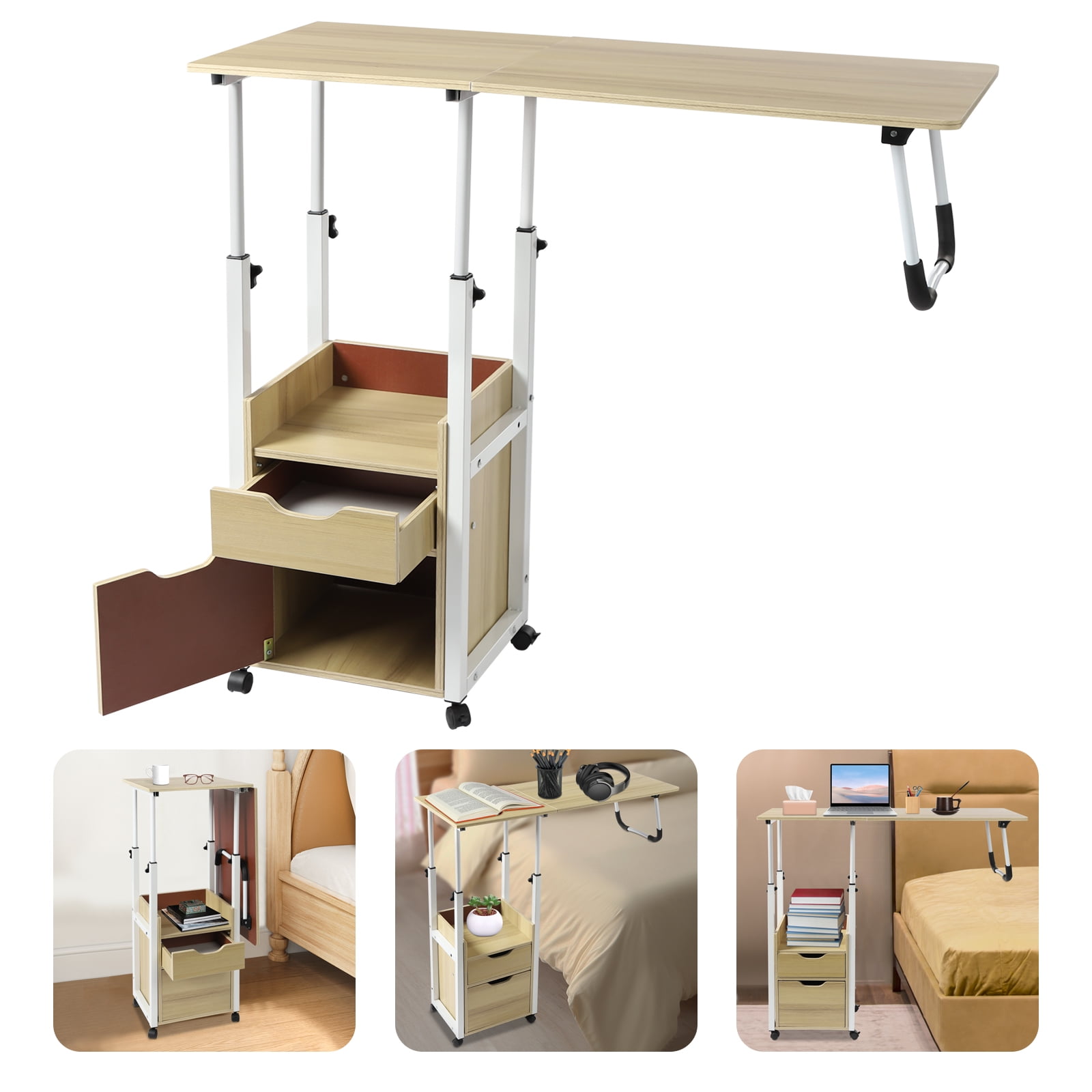 Overbed Table W/ Wheels Movable Bedside Table Height Adjustable Over ...