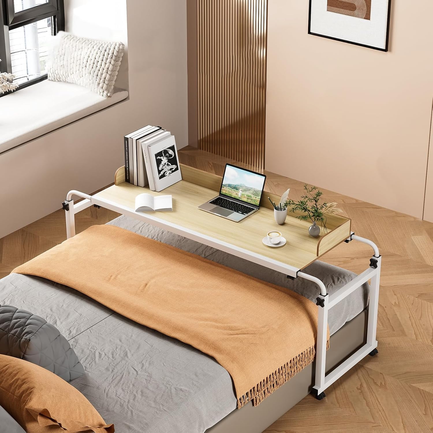 Overbed Table with Wheels, Expandable Queen Full Size Mobile Computer Desk, Standing Laptop Cart ...