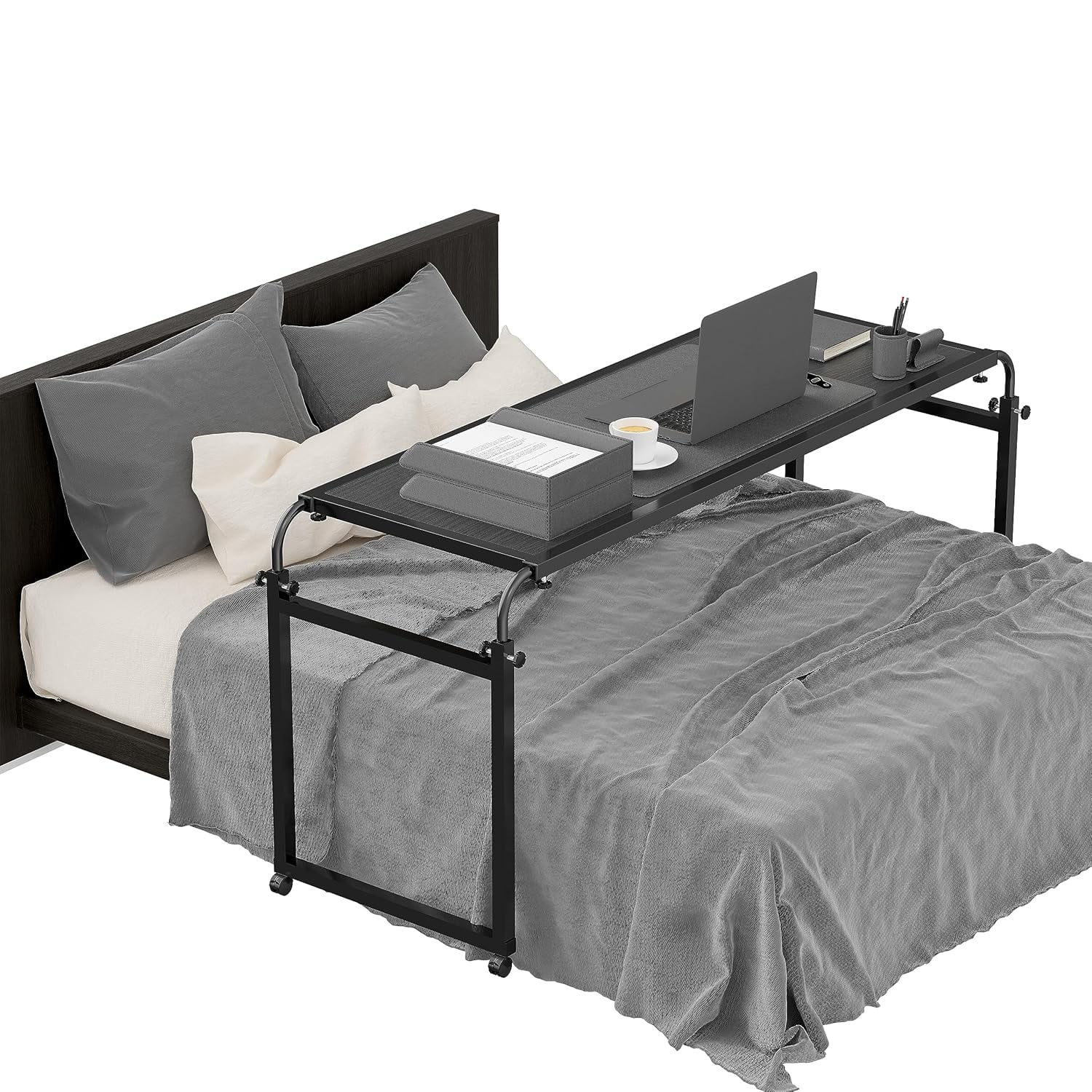 Overbed Table with Wheels Desk Over Bed King Queen Laptop Wheels, Black ...