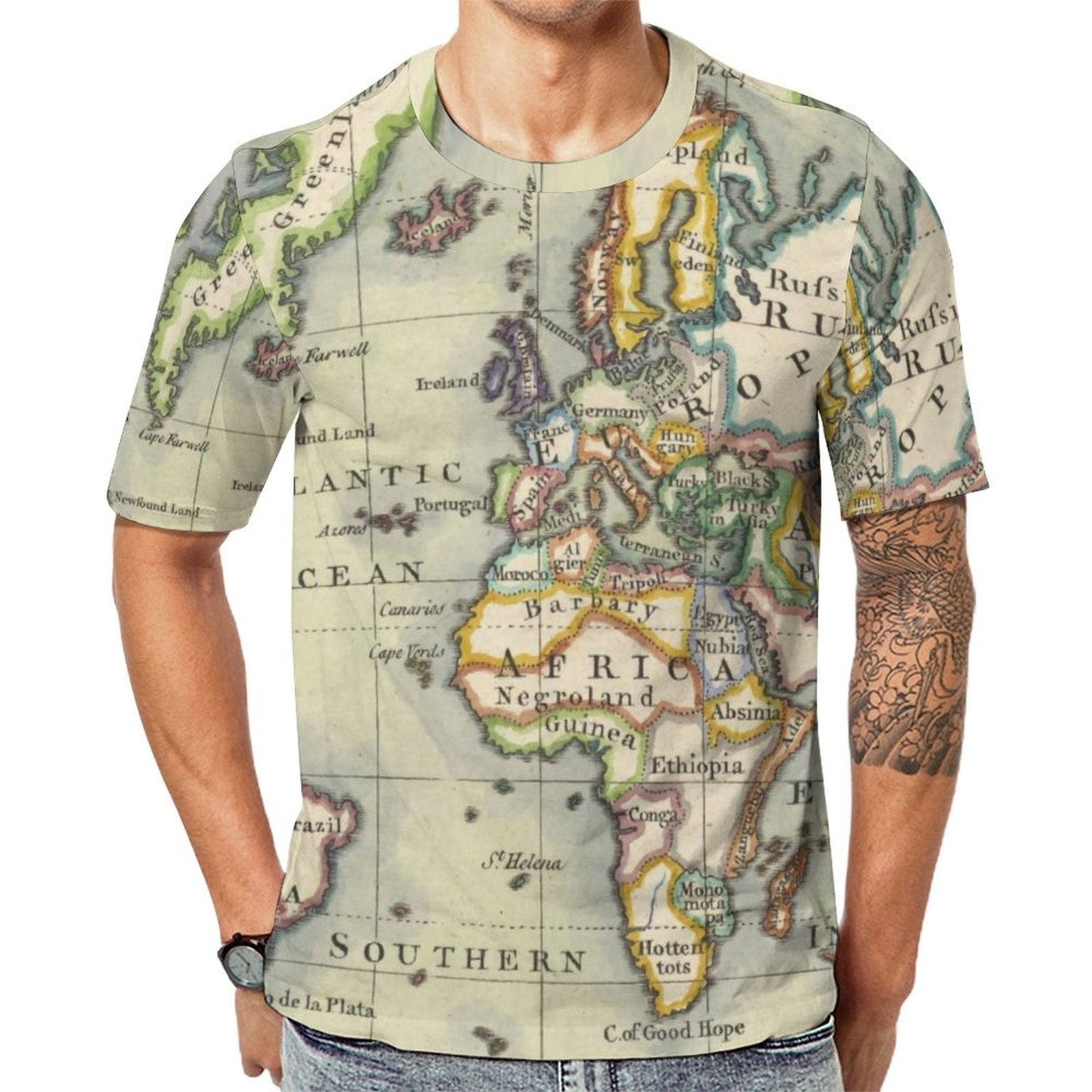 Overd T Shirt Beach Earth Map TShirts Antique World Map Street Style Round Neck Tshirt Mens ...
