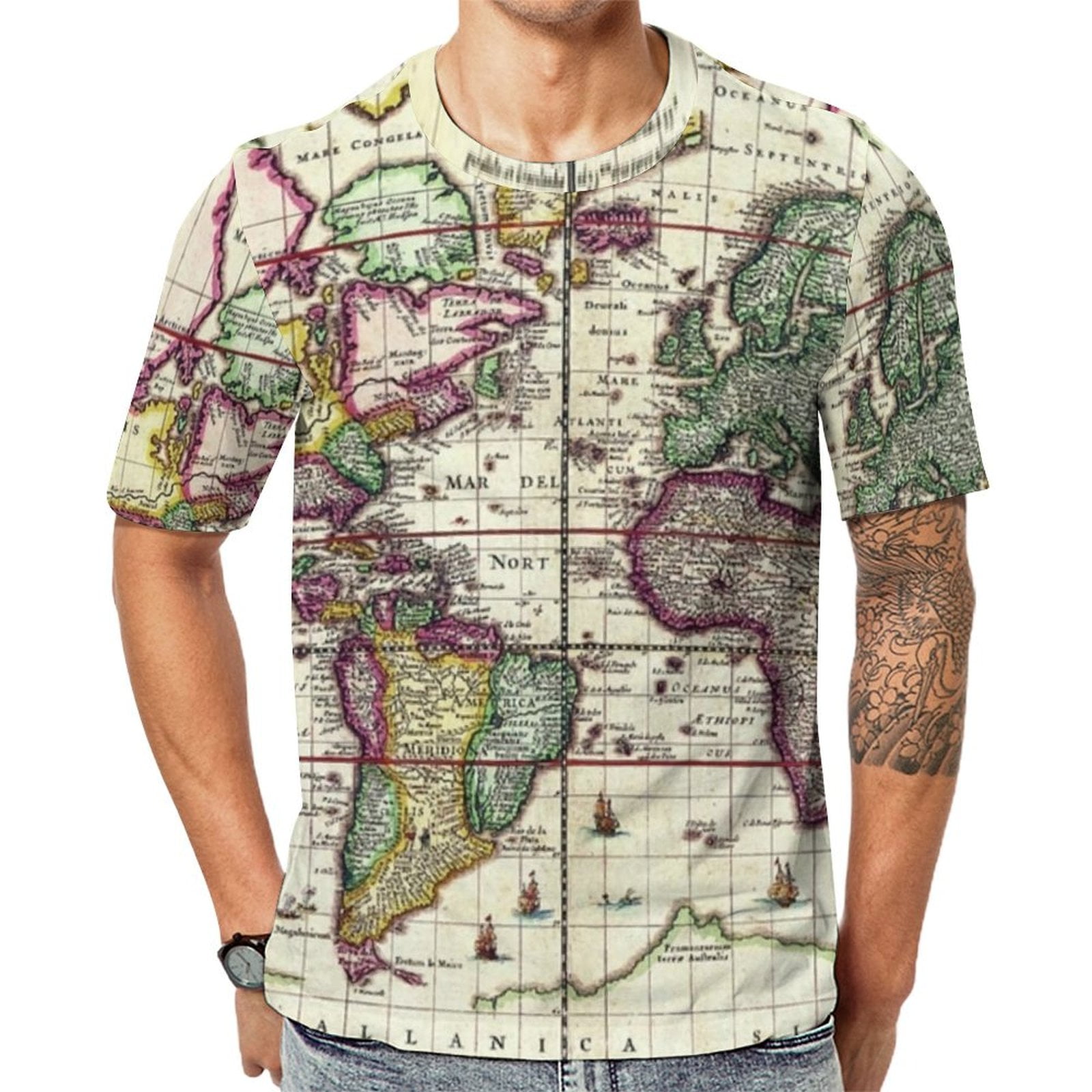Overd T Shirt Beach Earth Map TShirts Antique World Map Street Style Round Neck Tshirt Mens ...