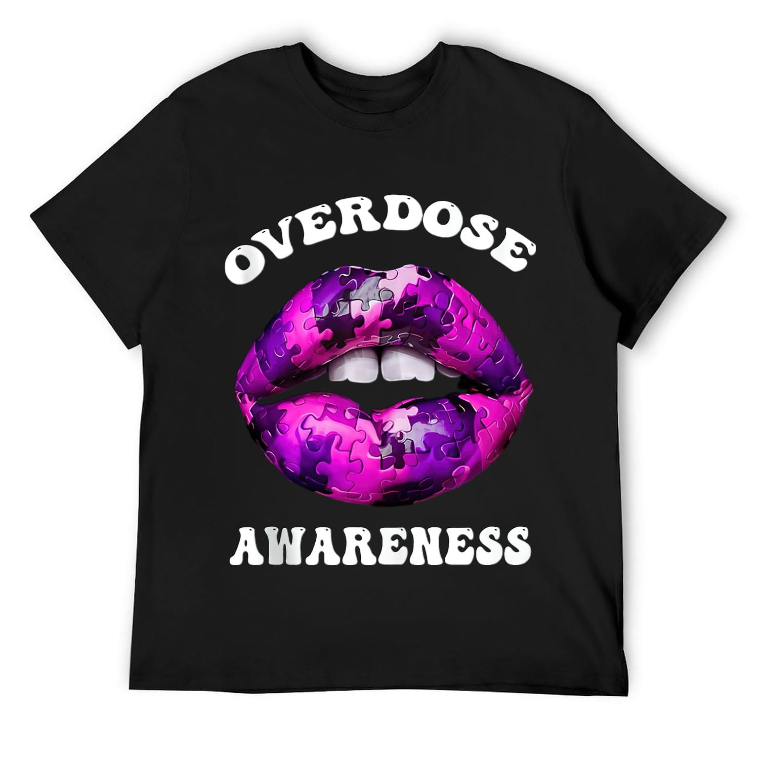 Overdose Awareness Purple LIPS Puzzle Drug Addiction Mens T Shirt Black ...