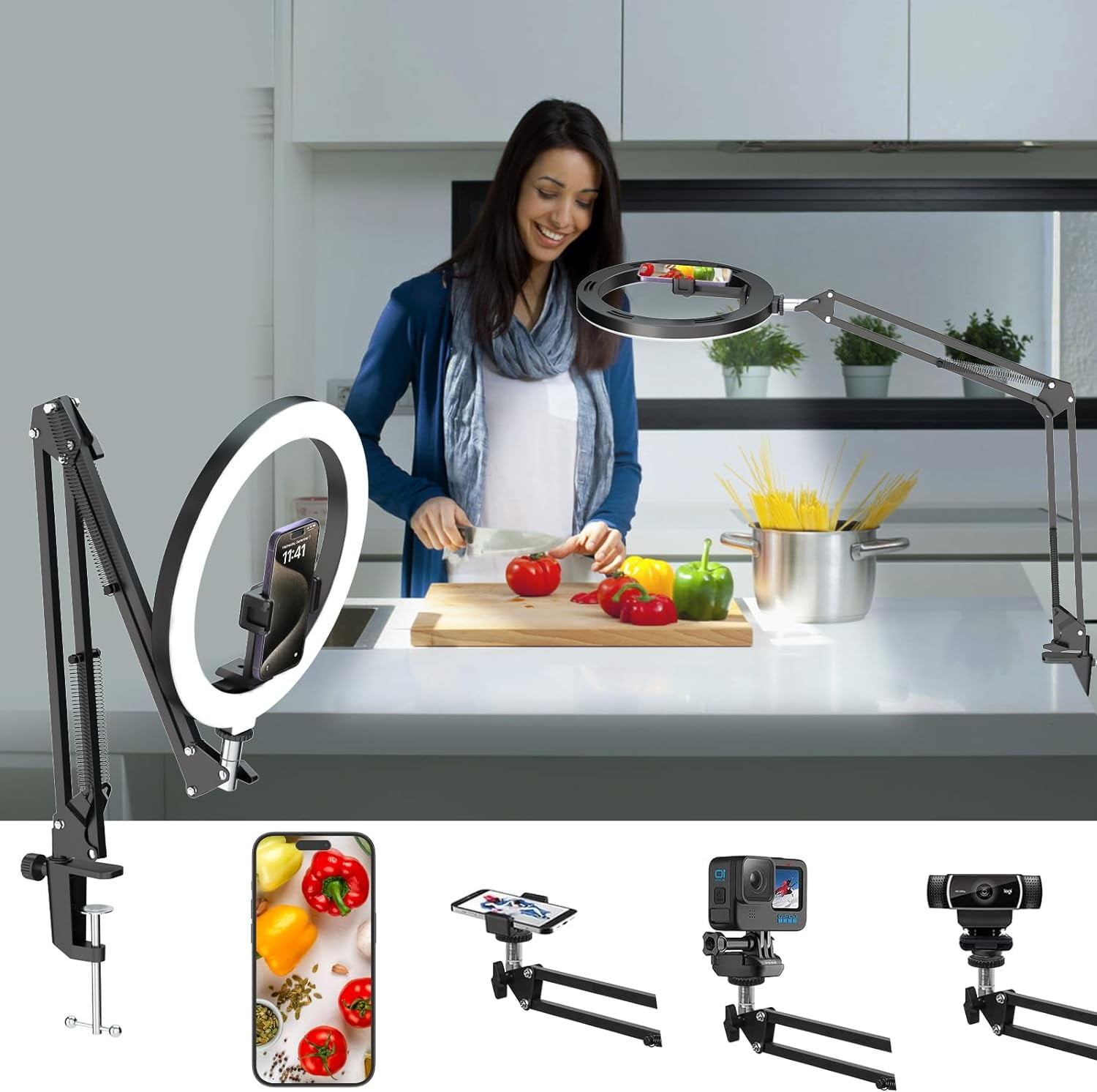 Overhead Camera Mount with 10" Selfie Ring Light and Phone Holder for ...
