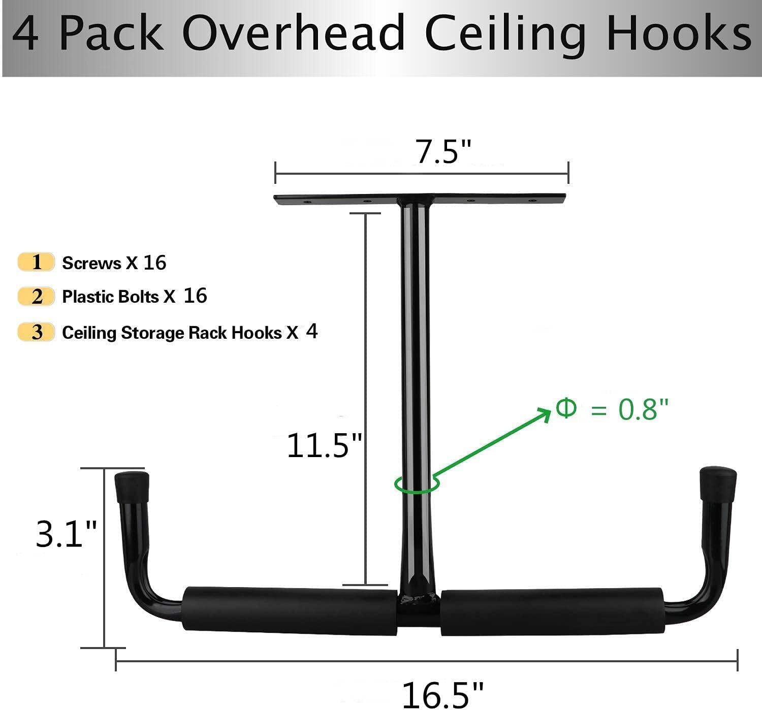 Overhead Garage Storage Hooks Ceiling Mounted, Heavy Duty Utility Hooks ...