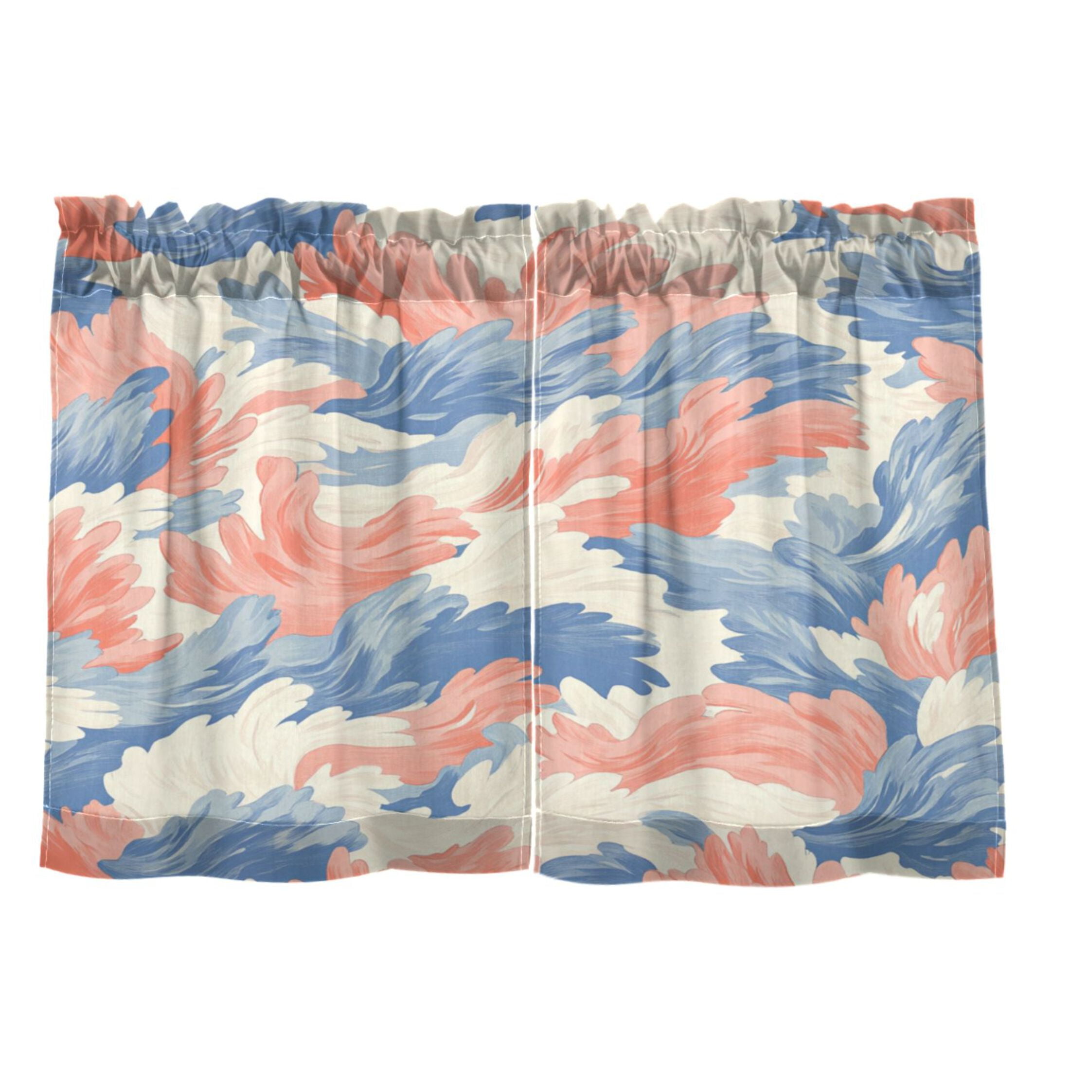 Overlapping Waves Pattern 27"x36" Linen Look Cafe Curtain Set with ...