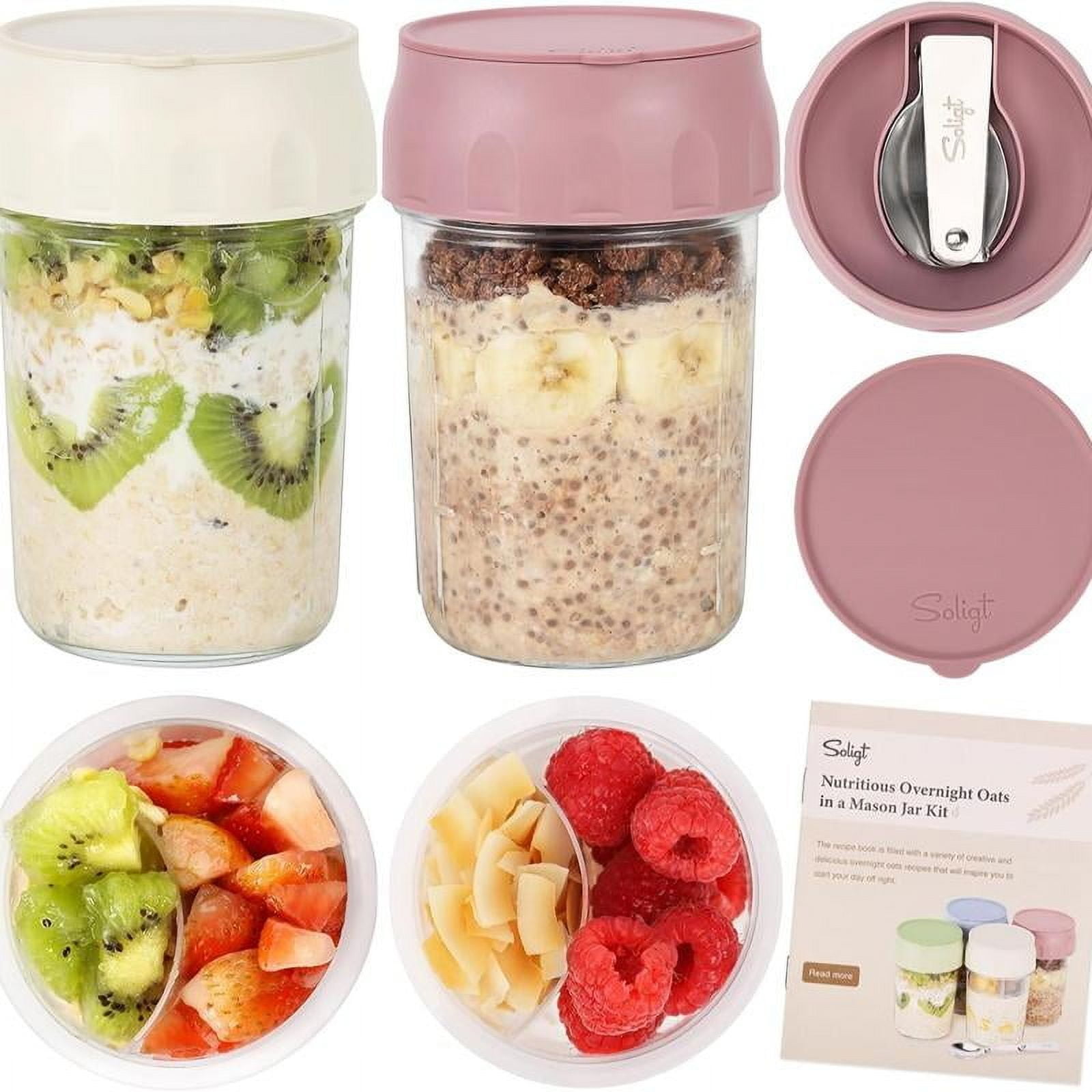 Overnight Oats Box with Lid, Folding Spoon and Fruit Nut Compartment ...