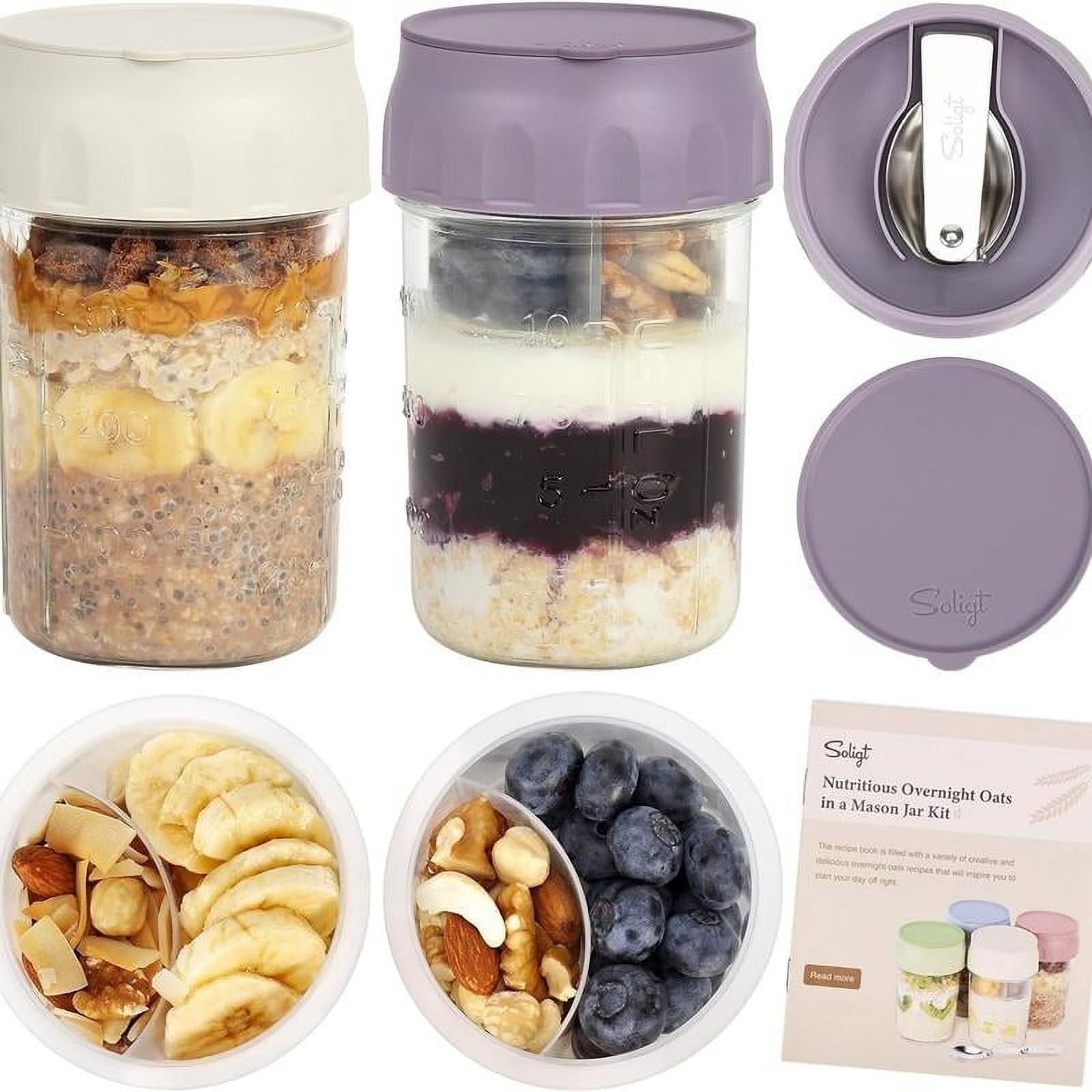 Overnight Oats Box with Lid, Folding Spoon and Fruit Nut Compartment ...