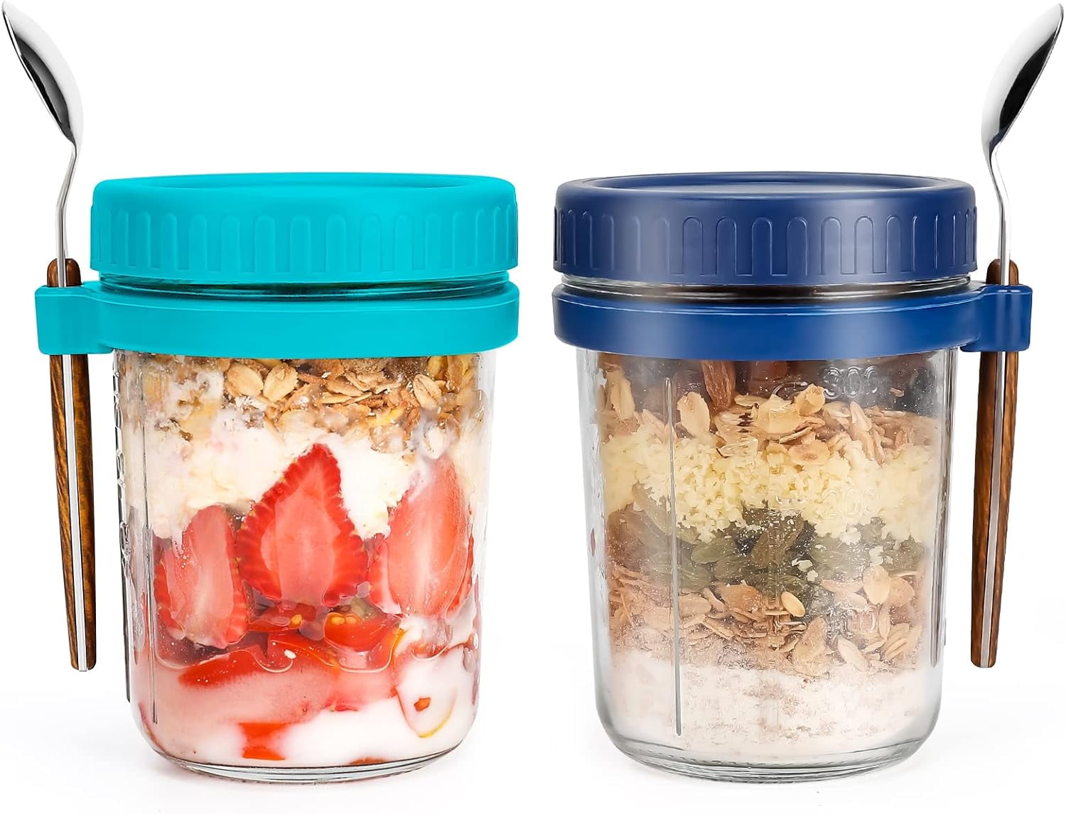 Overnight Oats Jars with Spoon and Lid 16 oz [2 Pack], Airtight Oatmeal ...