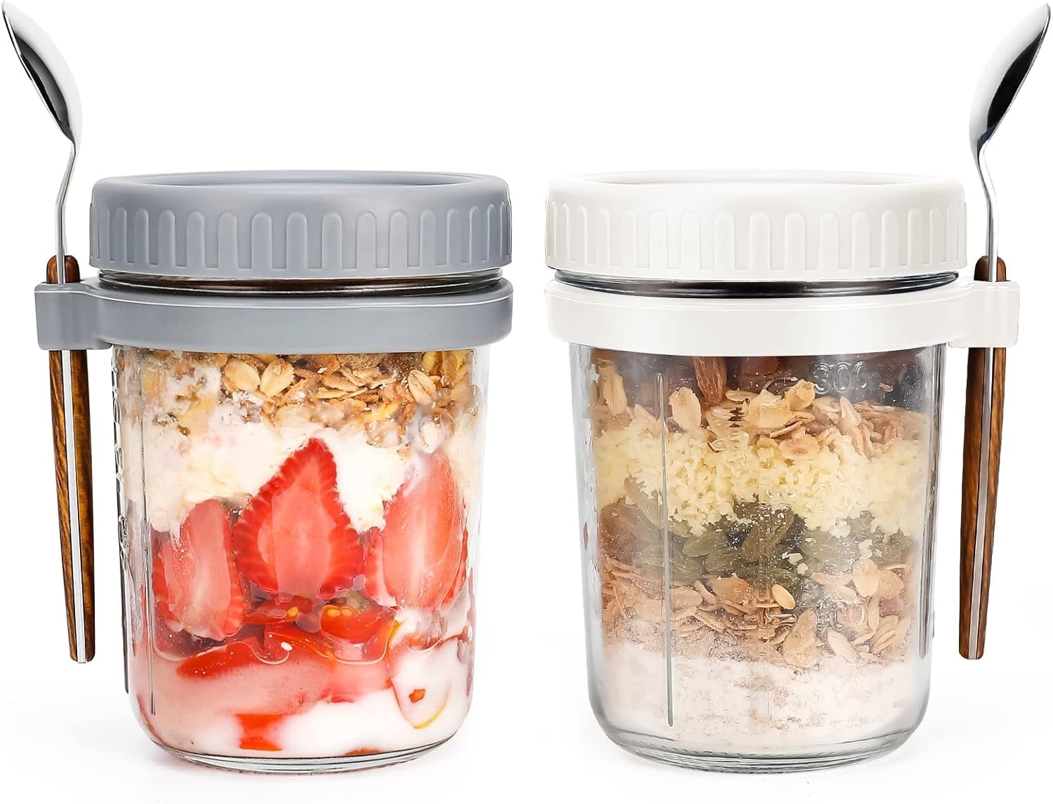 Overnight Oats Jars with Spoon and Lid 16 oz [2 Pack], Airtight Oatmeal ...